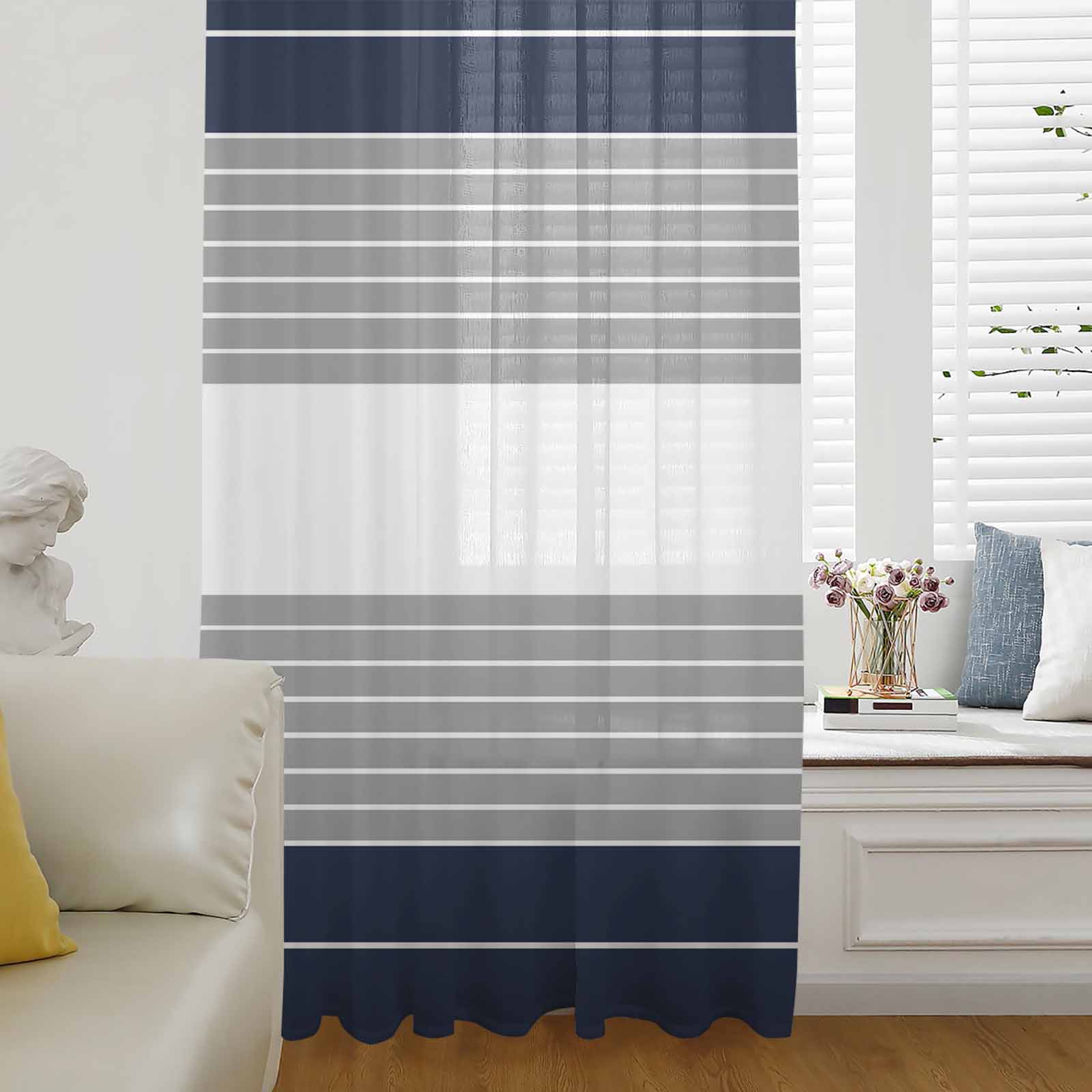 Navy Blue Striped Window Curtain 96 Inches Long,Multi Grey White ...