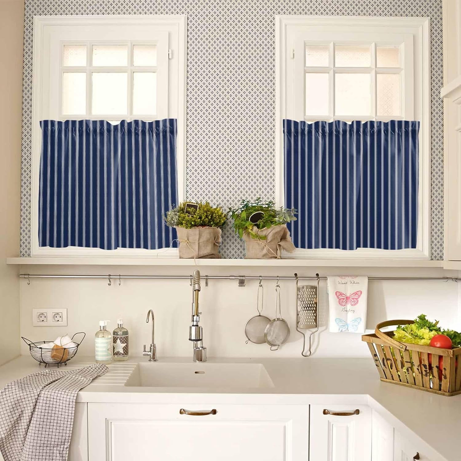 Navy Blue Striped Window Tier Curtains 24 Inch Length, Farmhouse Modern ...