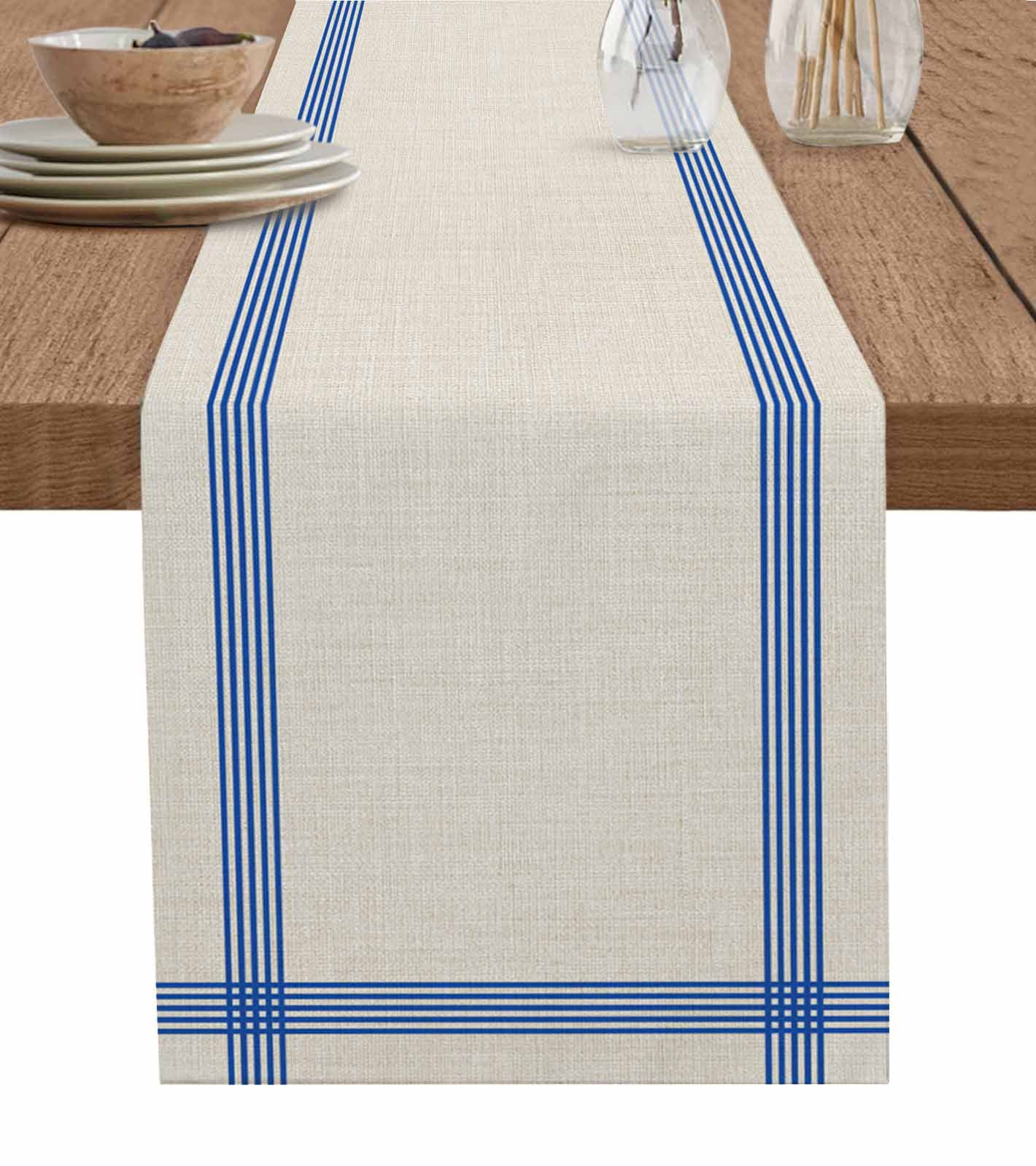 Navy Blue Stripes Burlap Cotton Table Runner 13x70 Inches Long, Beige ...