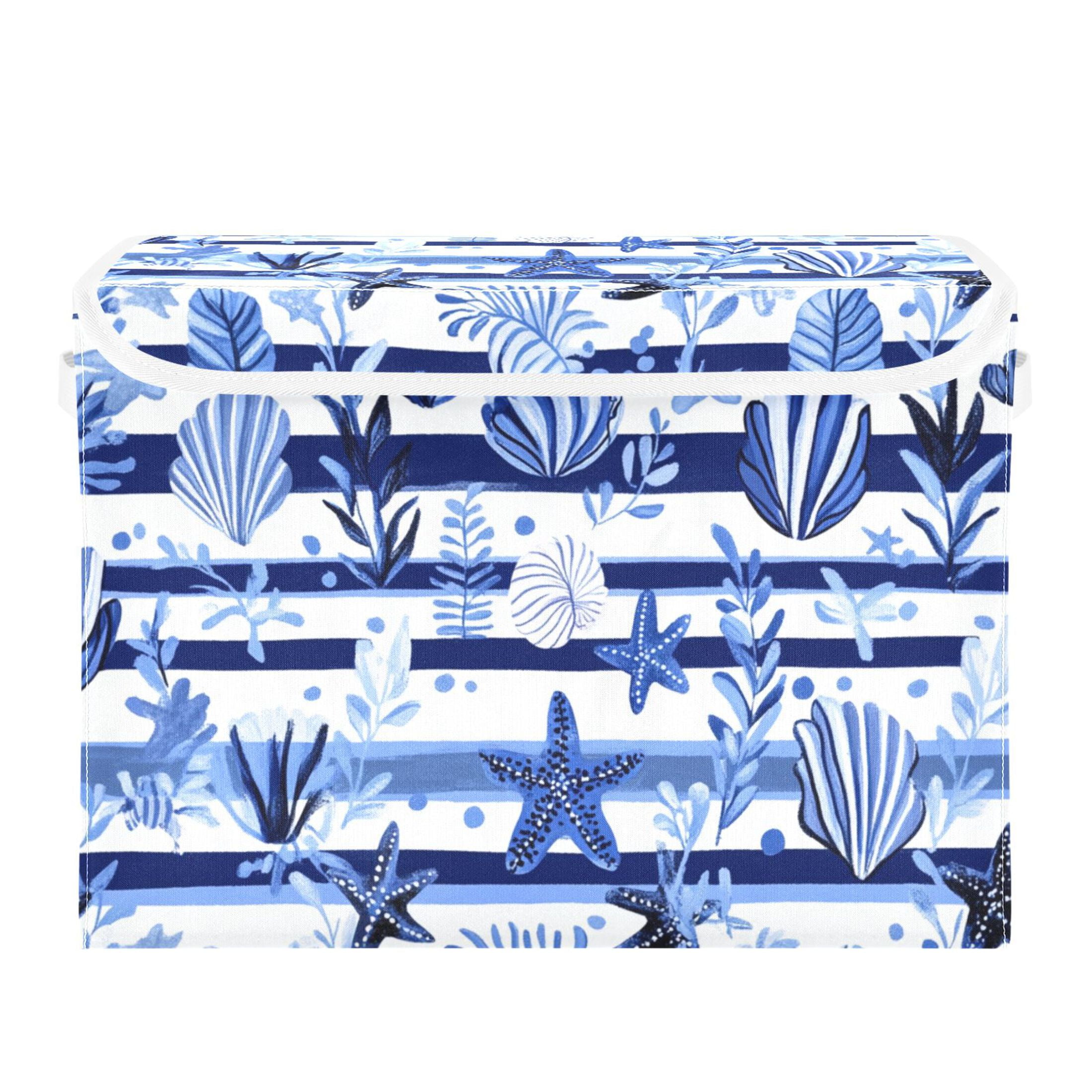 Navy Blue Stripes Leaves Starfishes Shells Foldable Storage Bin with ...