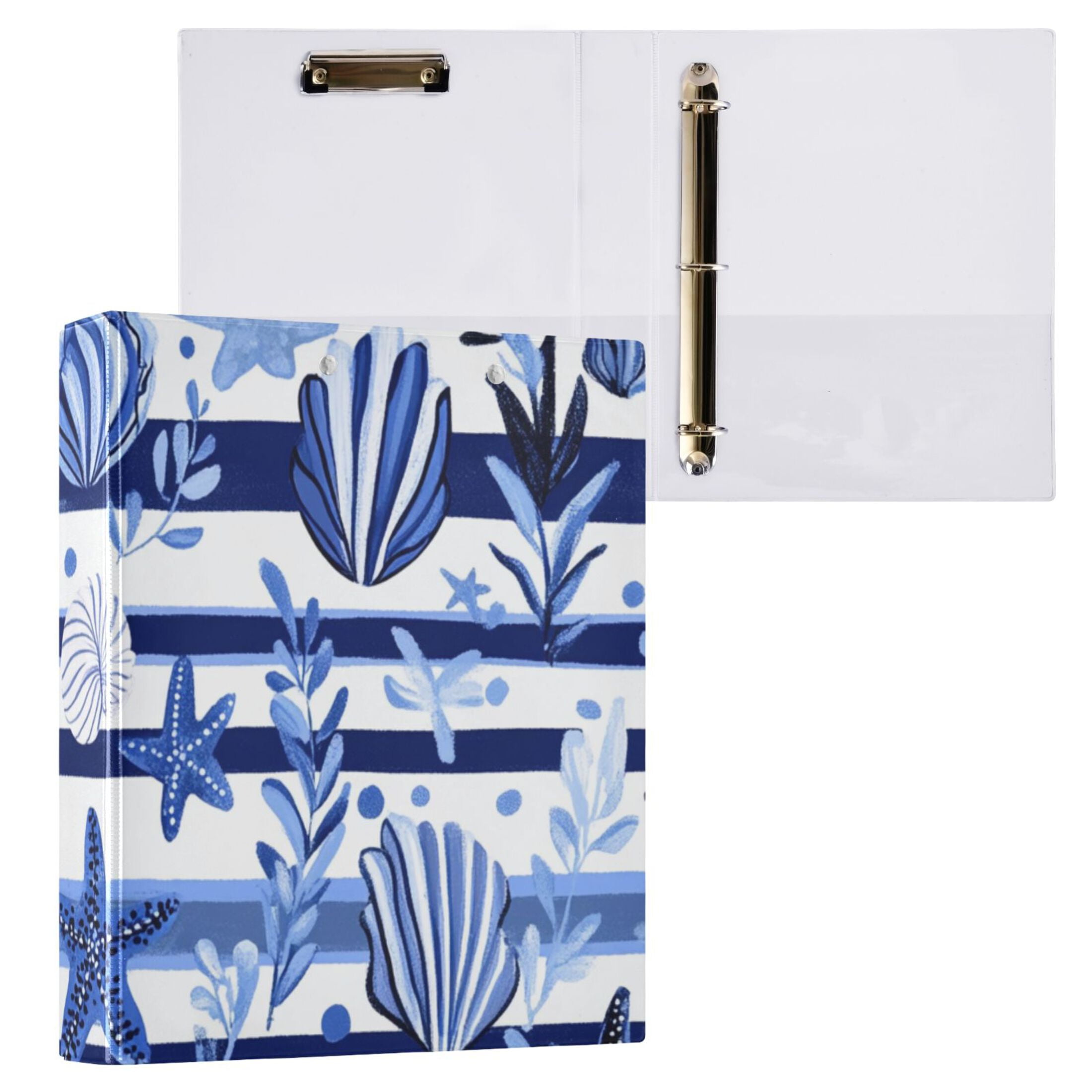 Navy Blue Stripes Leaves Starfishes Shells Round Ring Binder 3 Rings 1. ...