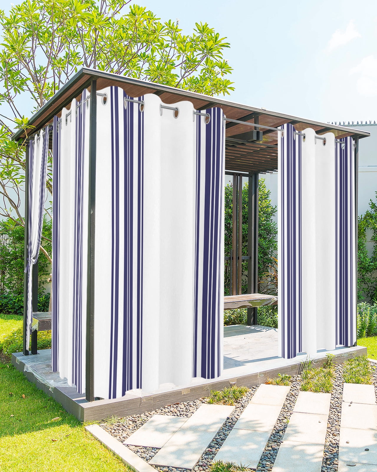 Navy Blue Stripes Outdoor Curtains for Patio Waterproof,White Abstract ...