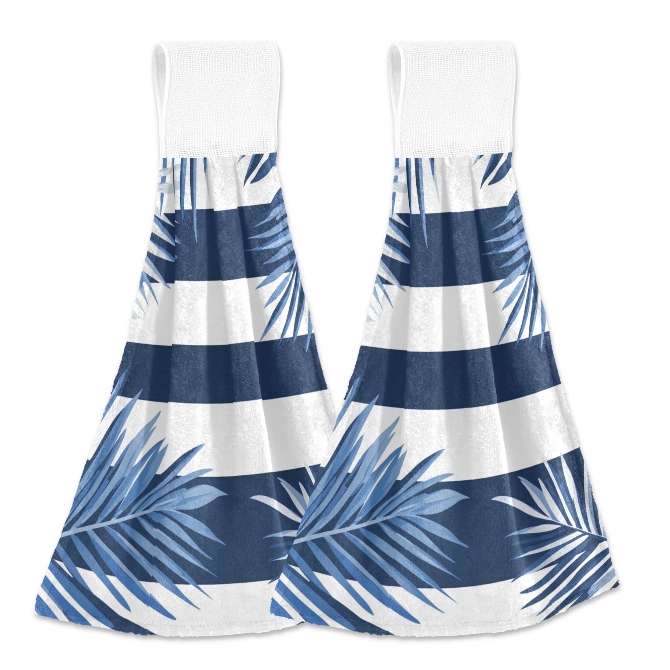 Navy Blue Stripes Palm Tree Leaves Hanging Towels with Loop Hand Towels ...