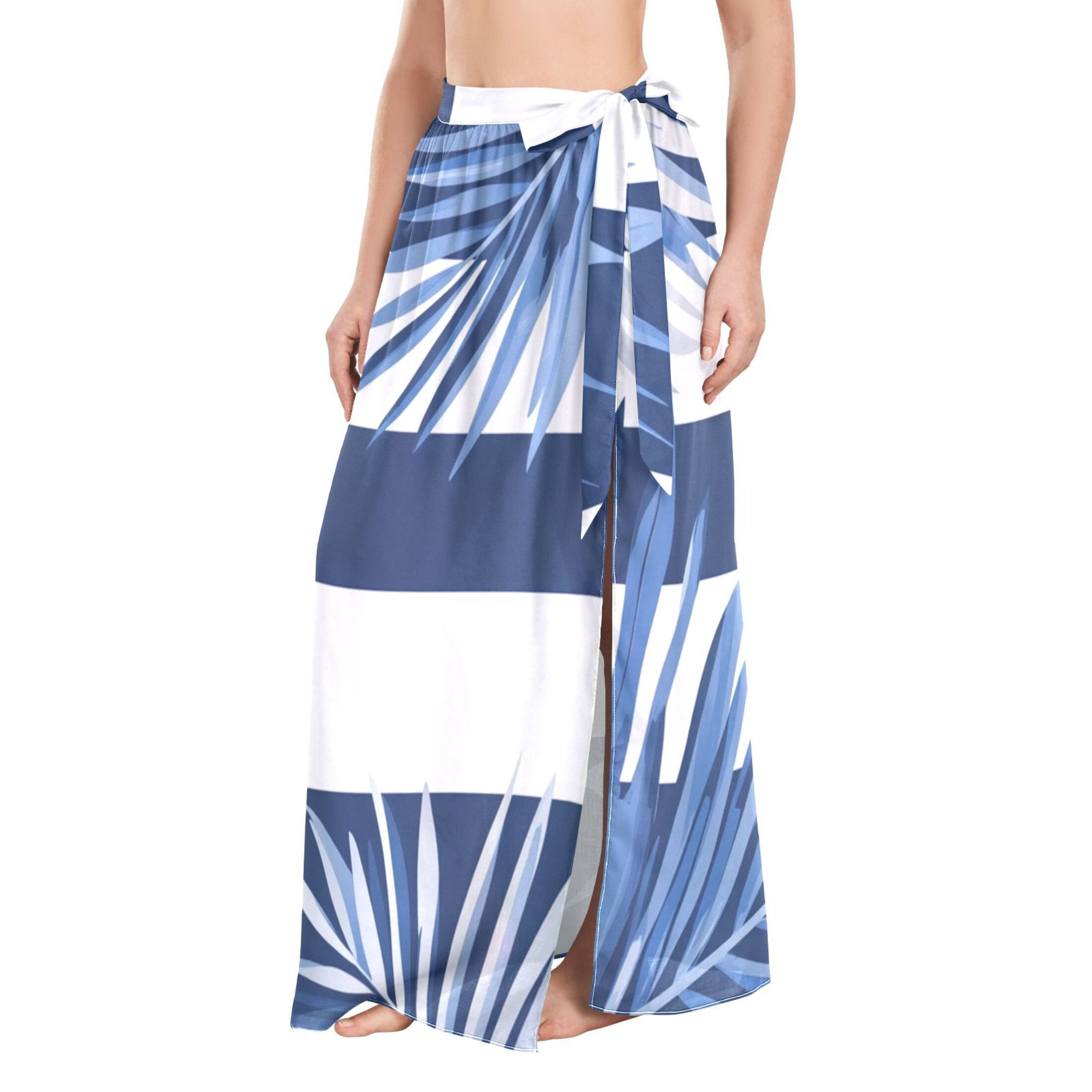 Navy Blue Stripes Palm Tree Leaves Women's Swimwear Cover Ups Strappy ...
