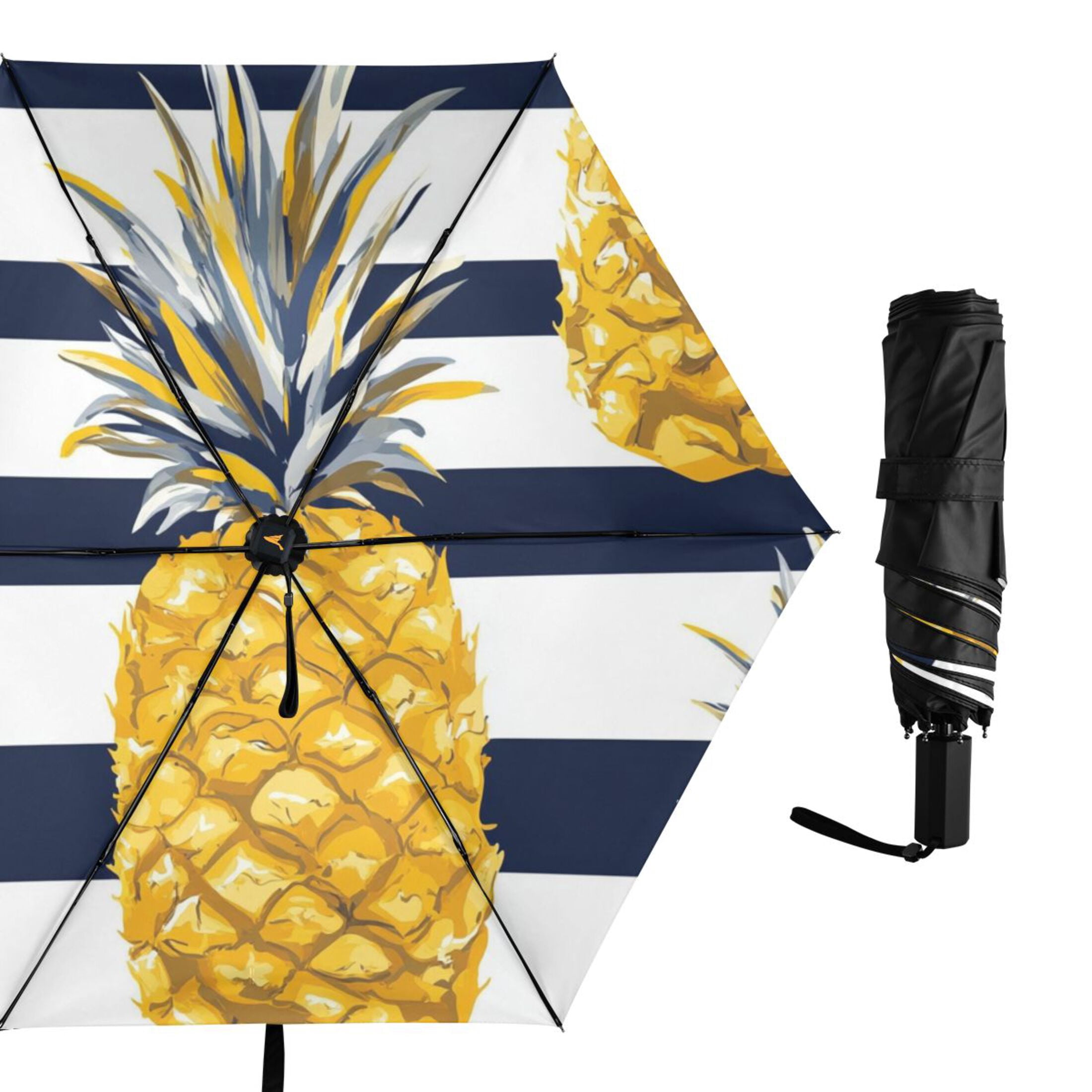 Navy Blue Stripes Pineapples Cute Triple Folding Umbrella Parasol 6 ...