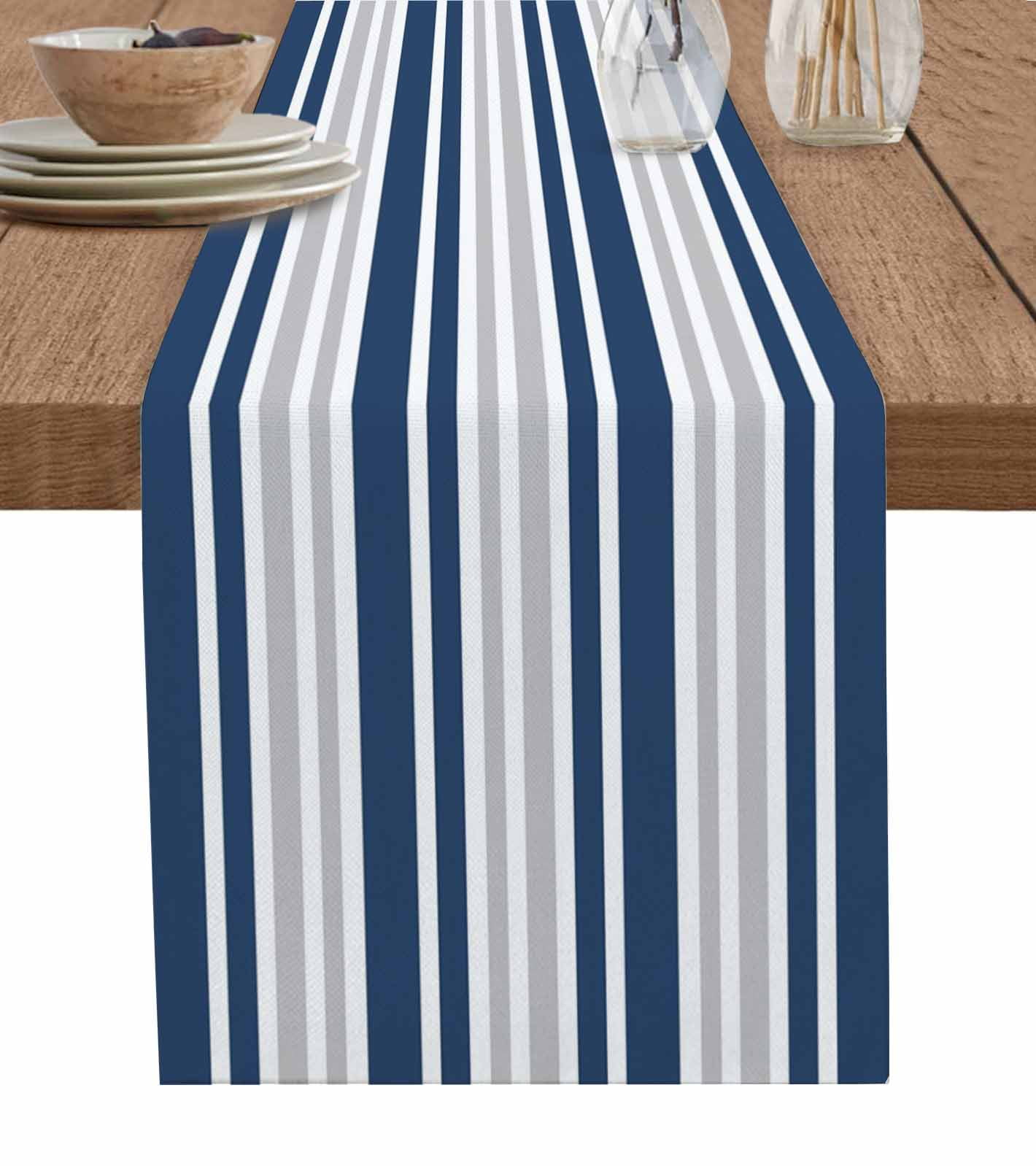 Navy Blue Stripes Table Runners 120 Inches Long, Cotton Linen Fabric ...
