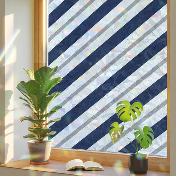 Navy Blue Stripes Window Privacy Film, Coastal Dark Blue Striped Gray ...