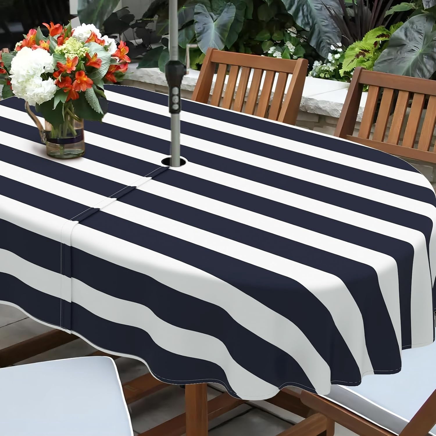 Navy Blue Strips Print Outdoor Tablecloth with Umbrella Hole for Oval ...
