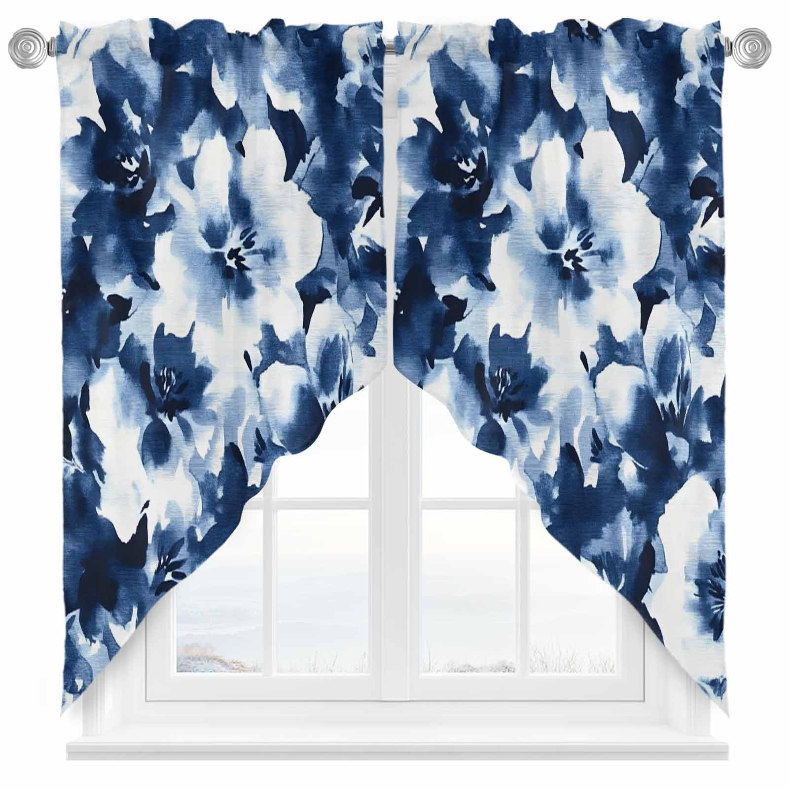 Navy Blue Swag Curtain Valance for Windows, Flower Blooming Watercolor ...