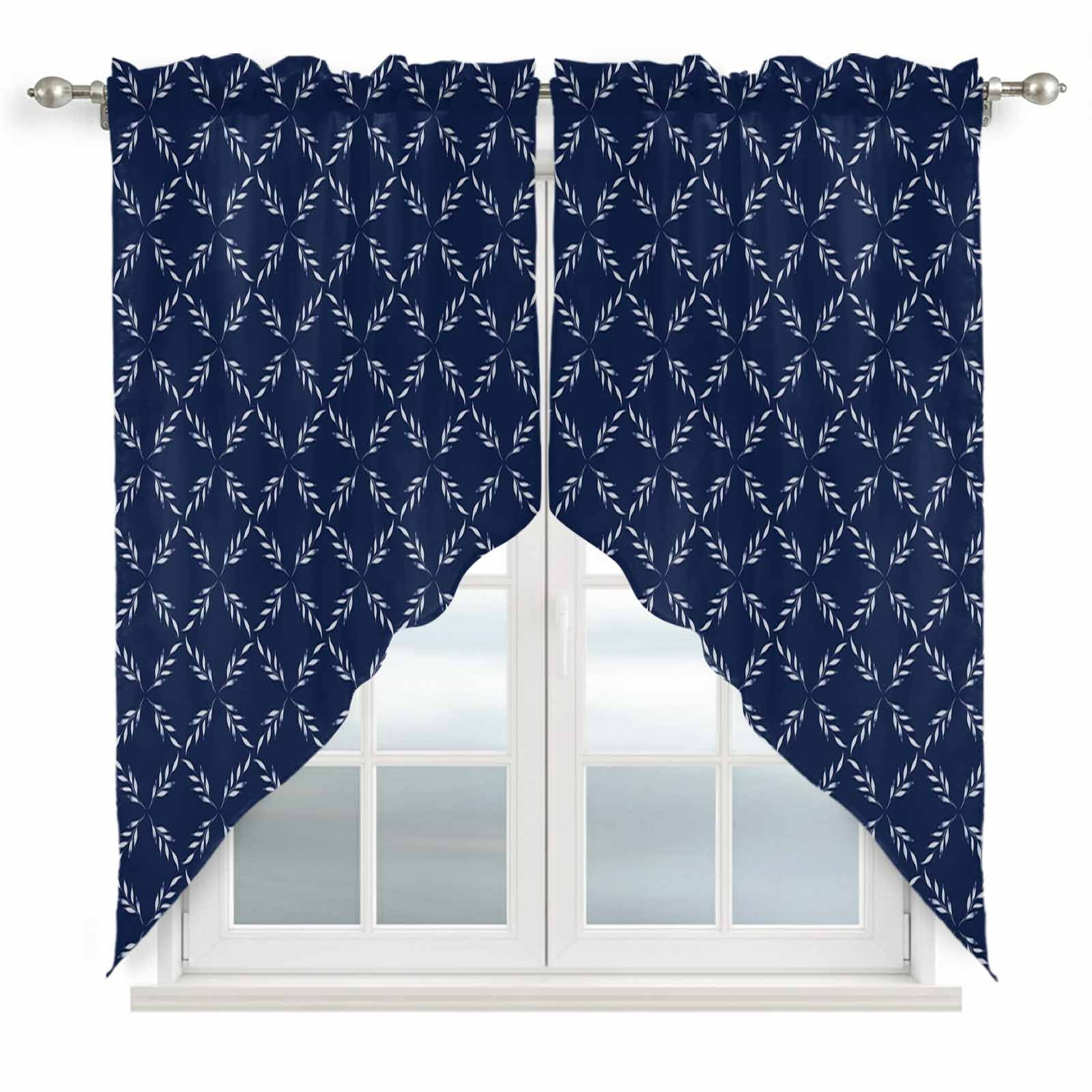 Navy Blue Swag Curtains Geometric Leaf Diamond Plaid Abstract Check ...
