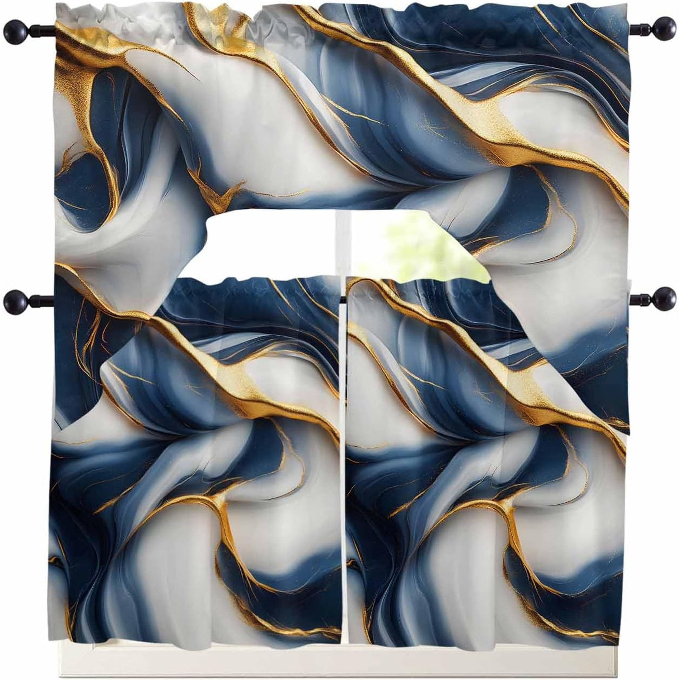 Navy Blue Swag Kitchen Curtain Sets with Valance,3 Pieces Rod Pocket ...
