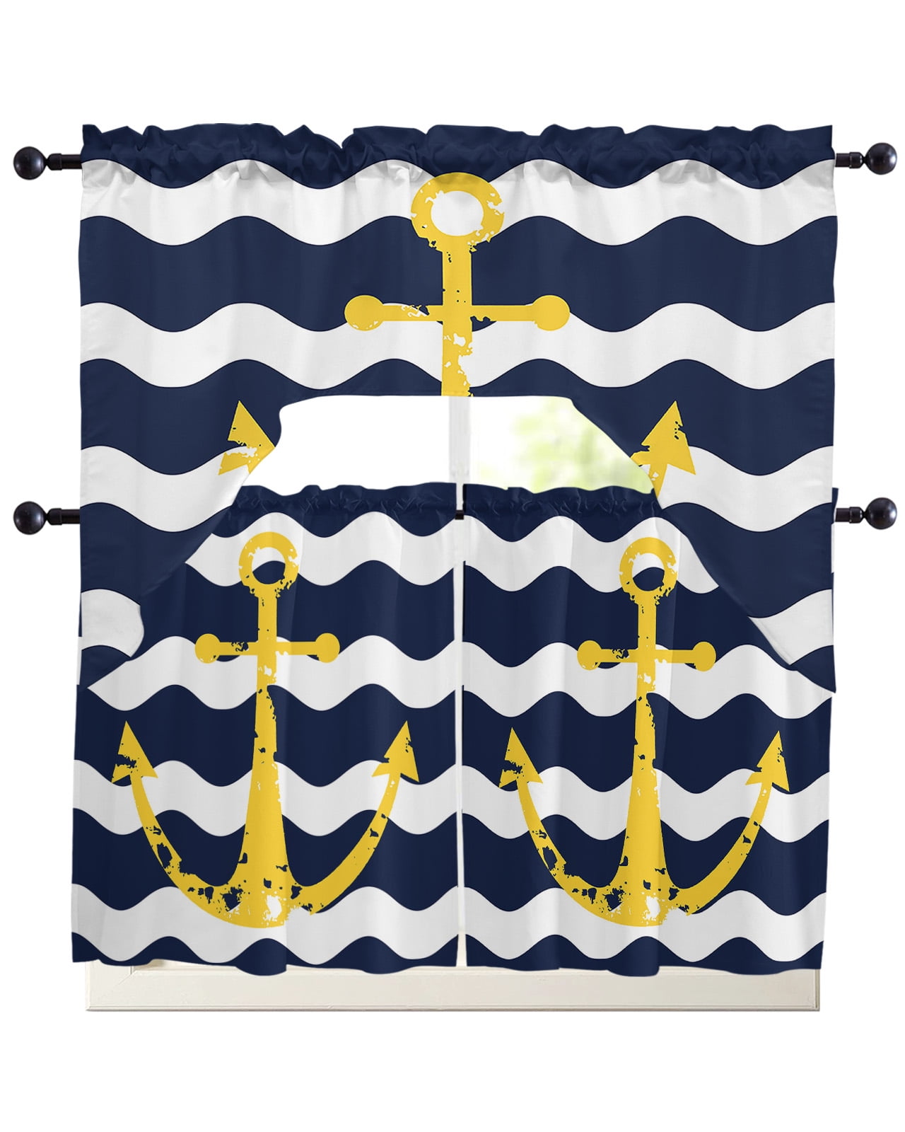 Navy Blue Swag Valance and Tier Curtains Set Wave Stripes Yellow ...
