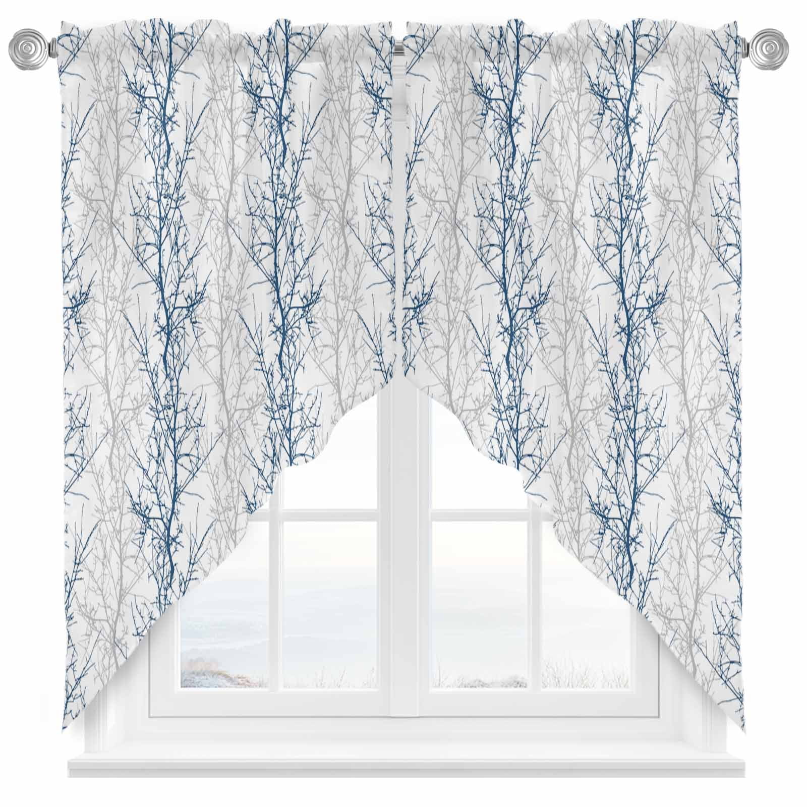 Navy Blue Swag Valances for Windows 2 Pack Grey Tree Branch Swag ...