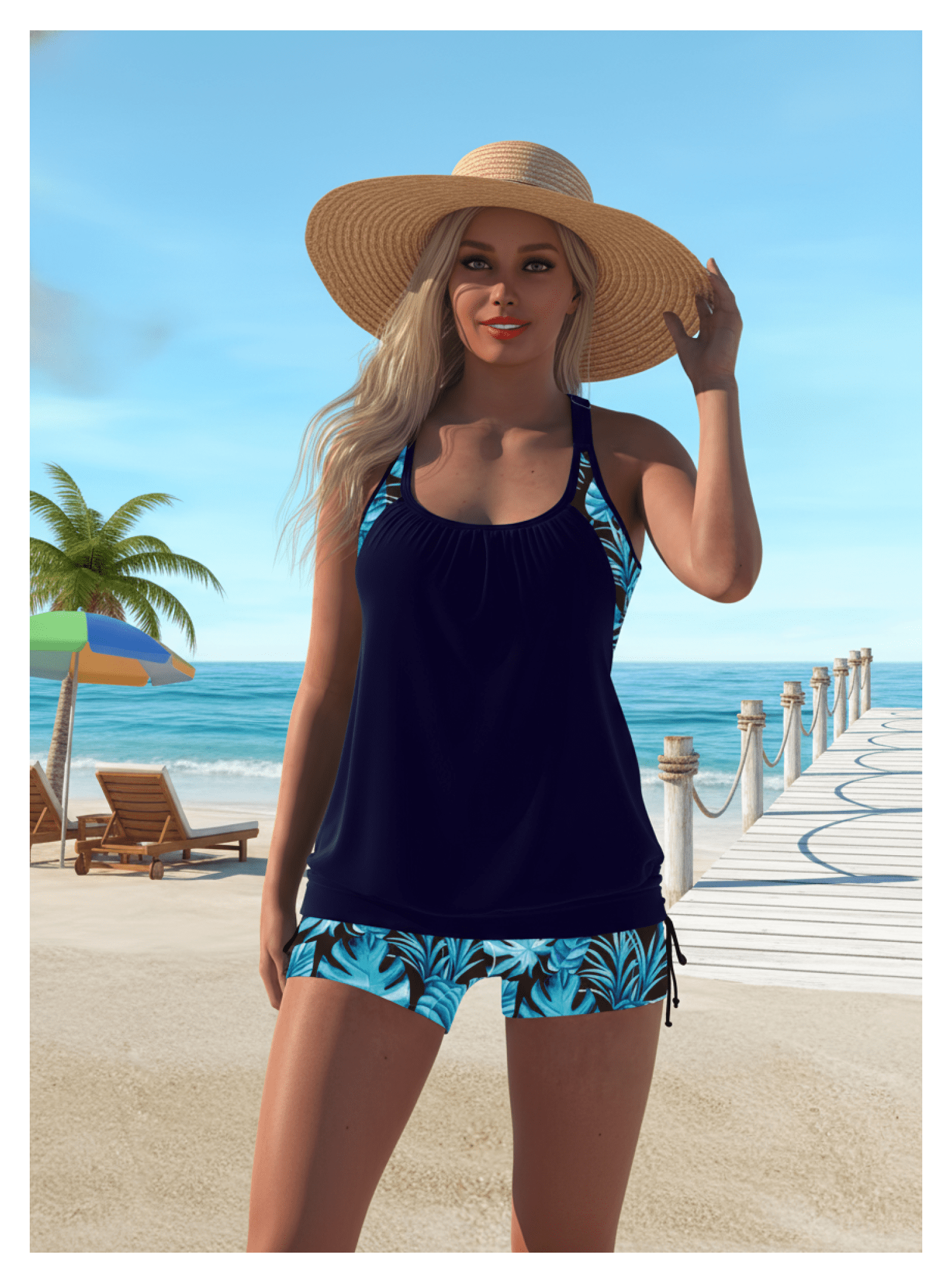 Navy Blue Swimsuit for Women - Tropical Coconut Tree Print Backless One ...