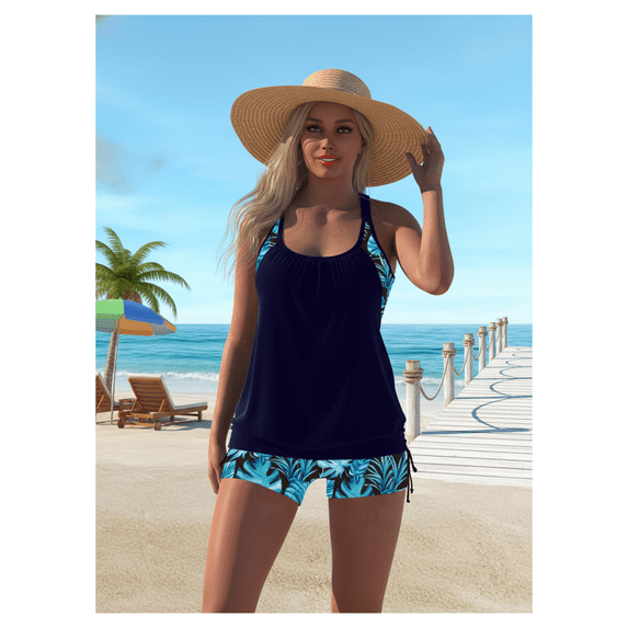 Navy Blue Swimsuit for Women - Tropical Coconut Tree Print Backless One ...