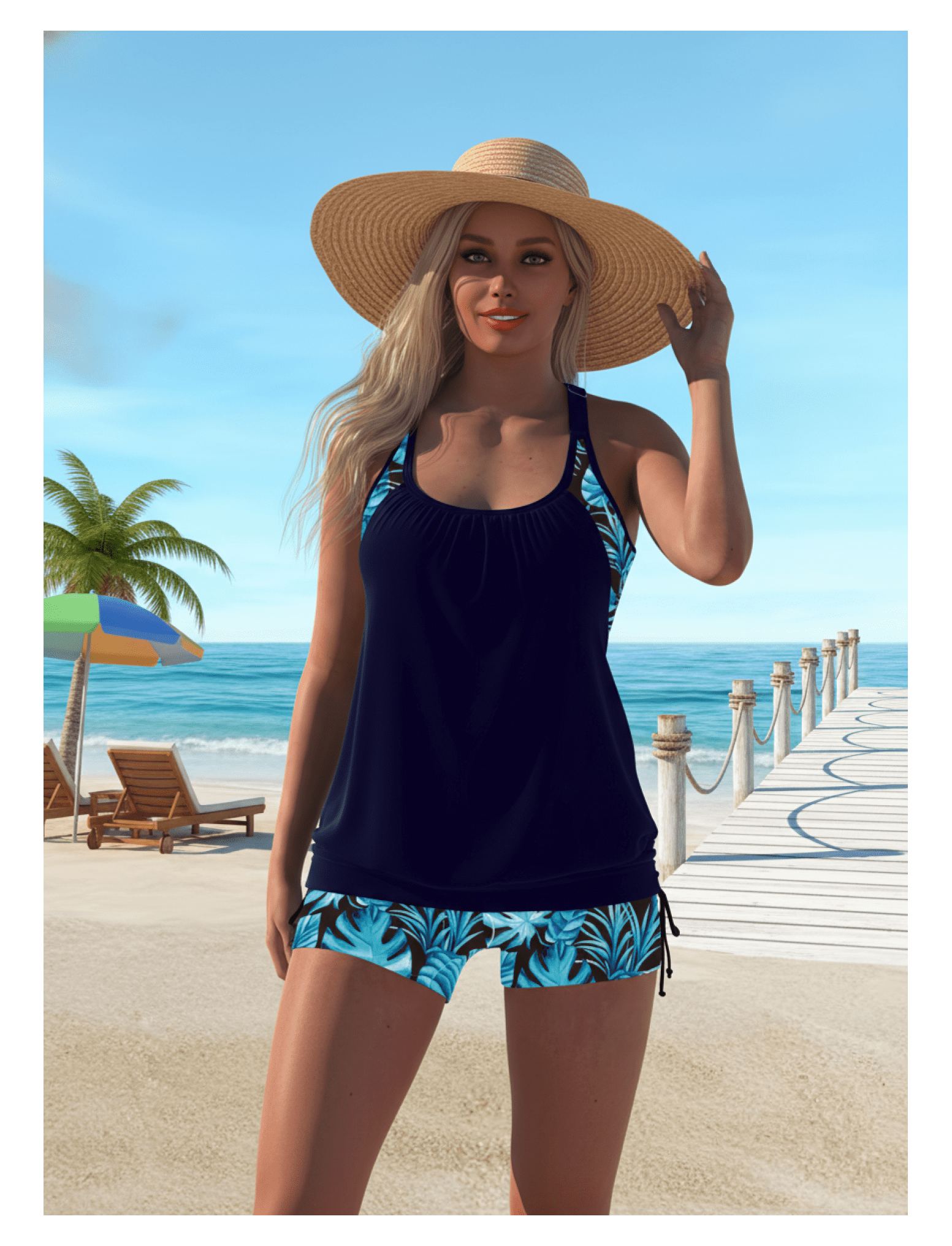 Navy Blue Swimsuit Women Tropical Print Backless Beach Bathing Suit ...