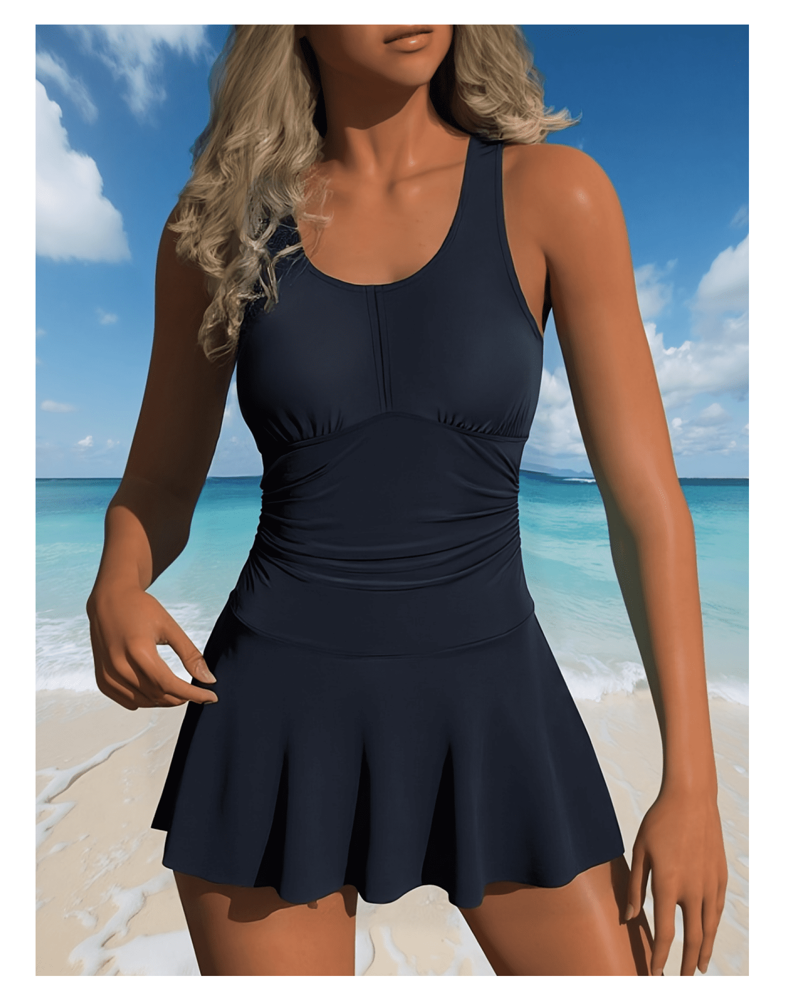 Navy Blue Swimsuit for Women Tummy Control - Ruched Skirted One Piece ...