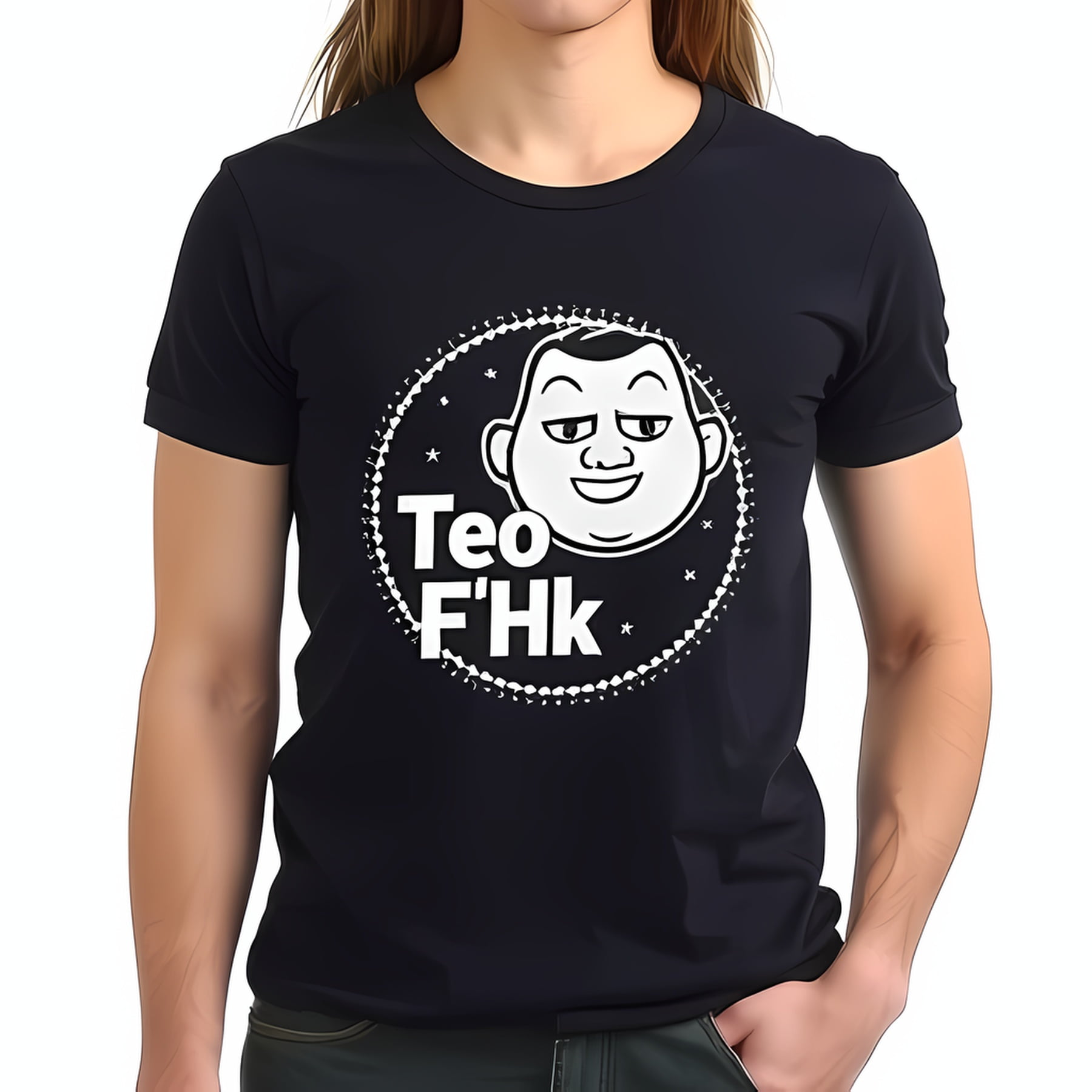 Navy Blue T-Shirt with White Cartoon and 'Teo F'Hk' Text - Bold Graphic ...