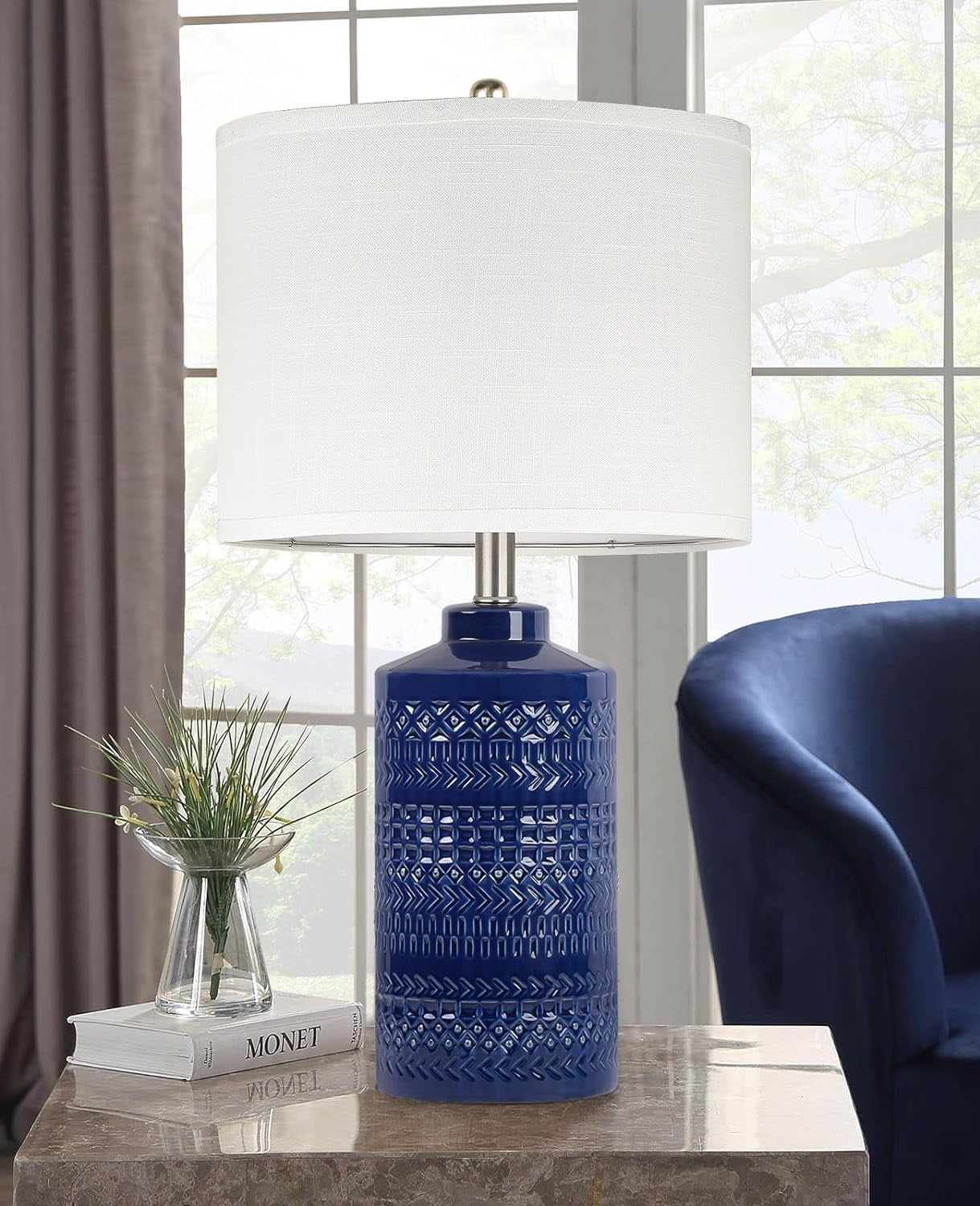Navy Blue Table Lamp 24.5", Modern Bedside Lamp Blue Ceramic Table ...