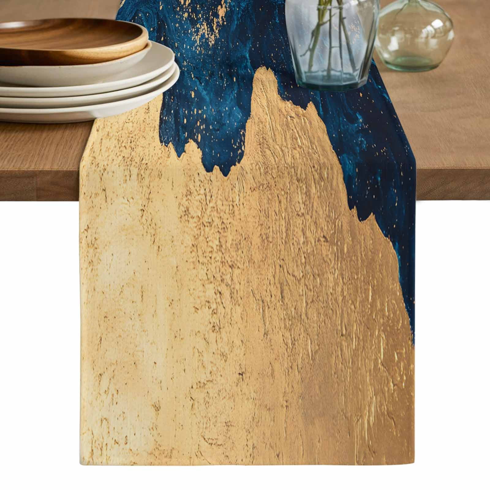 Navy Blue Table Runner, Modern Abstract Luxury Golden Washable Cotton ...