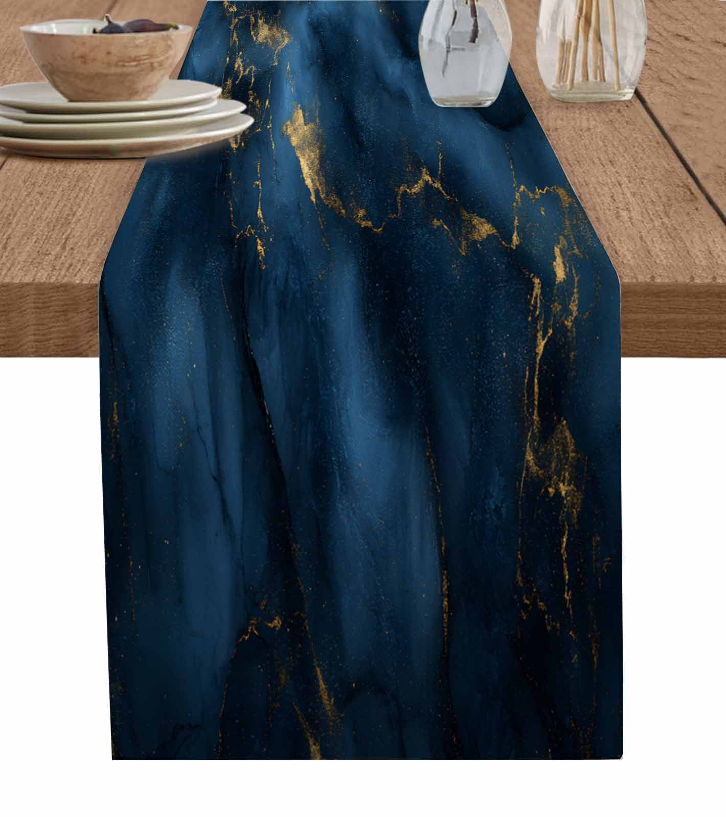 Navy Blue Table Runner Modern Abstract Marble Ink Painted Art ...