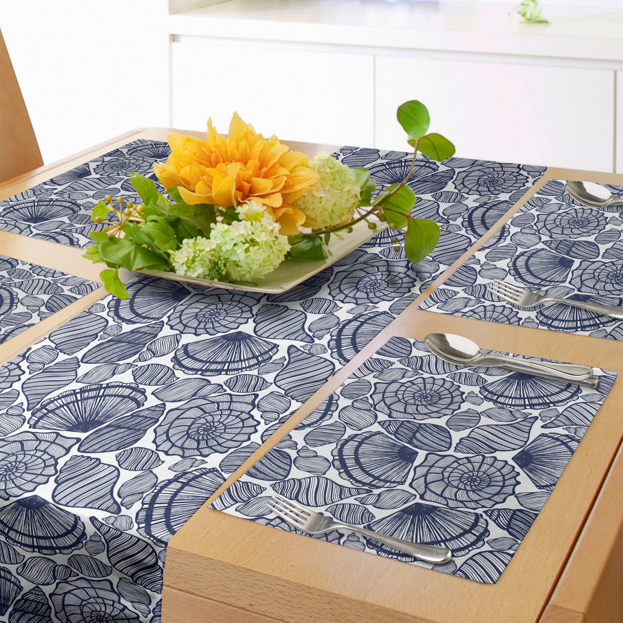 Navy Blue Table Runner & Placemats, Hand Drawn Scallops Line ...