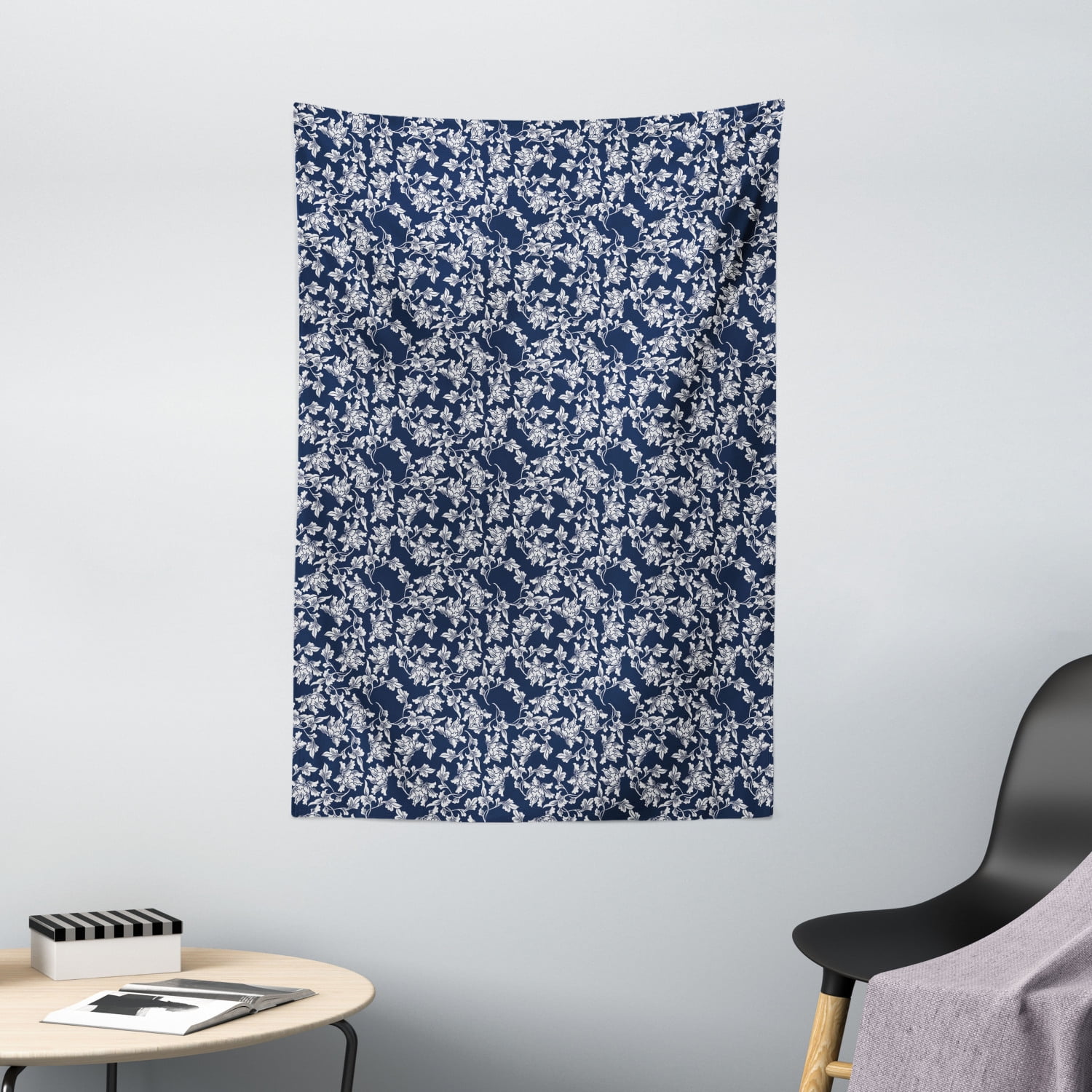 Navy Blue Tapestry, Floral Arrangement Botanic Foliage Pattern Japanese ...