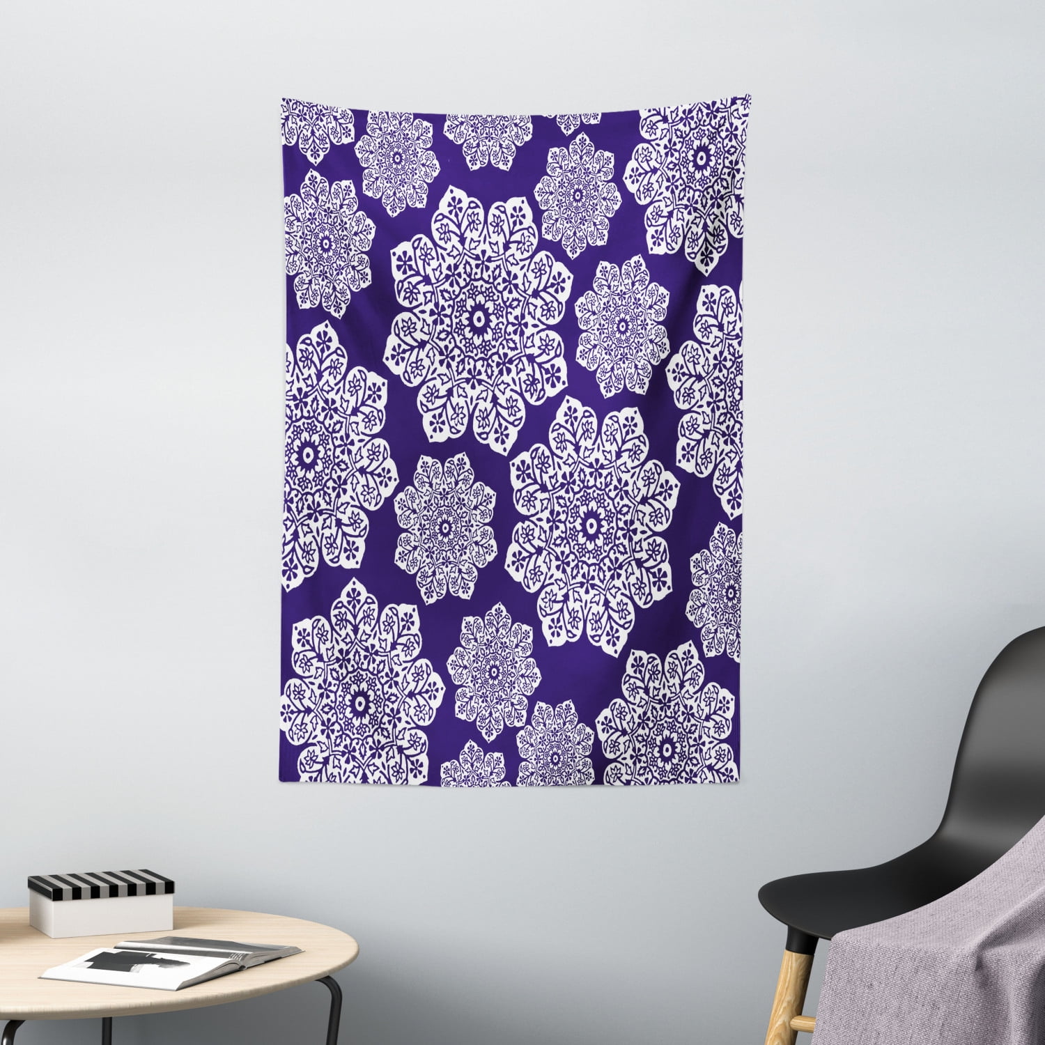 Navy Blue Tapestry, Floral Lace Graphic Print Snowflake Themed Pattern ...
