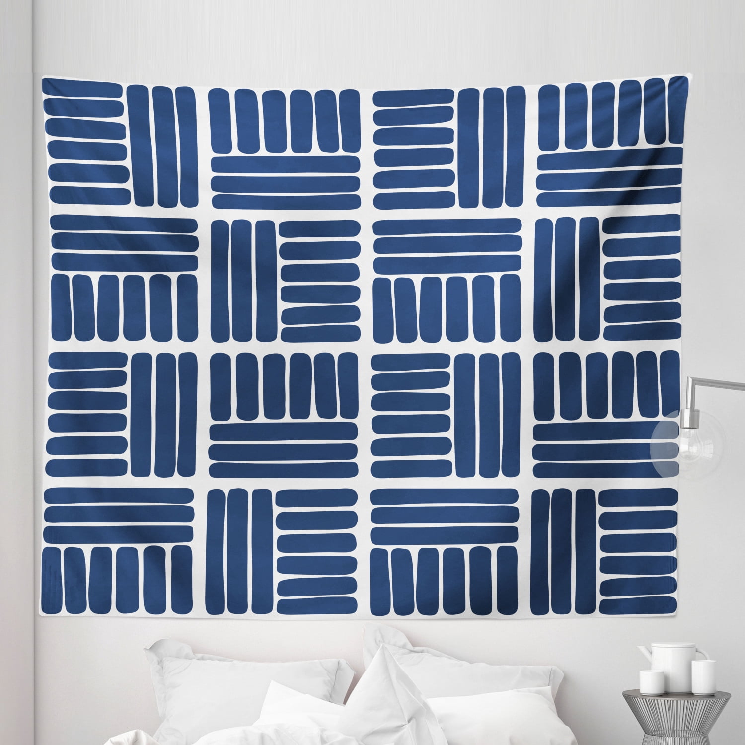 Navy Blue Tapestry, Modern Stripes in Squares Shape Geometrical ...