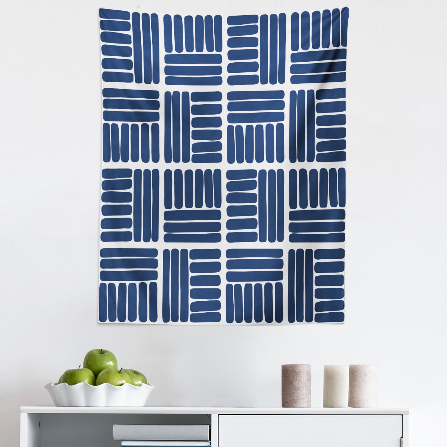 Navy Blue Tapestry, Modern Stripes in Squares Shape Geometrical ...