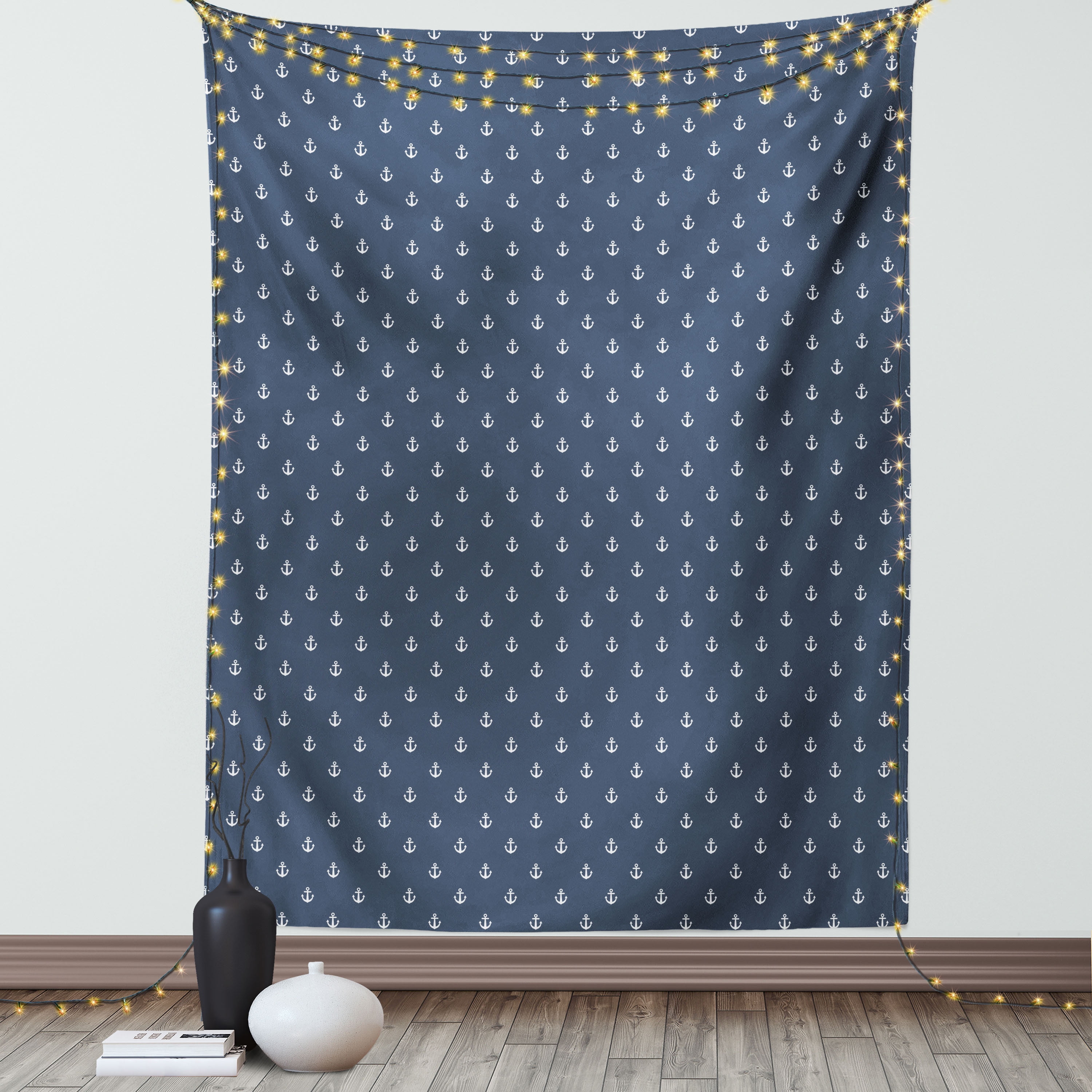 Navy Blue Tapestry, Nautical Classical Pattern White Little Anchor ...