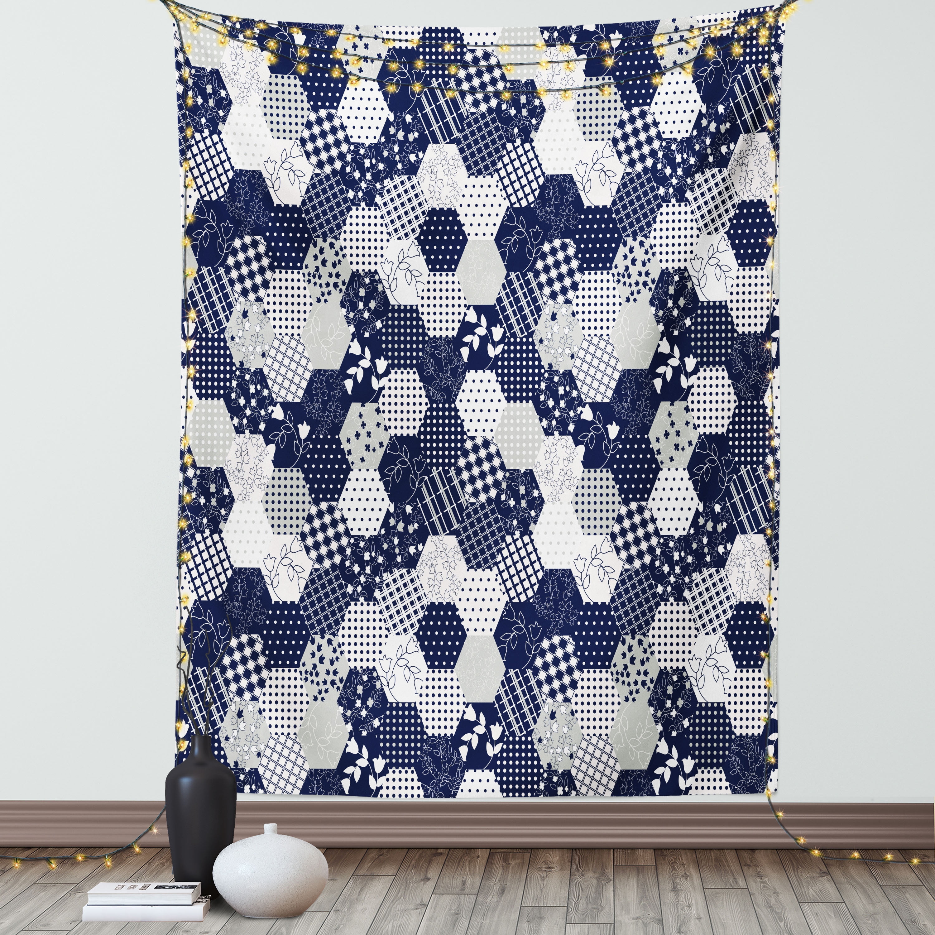 Navy Blue Tapestry, Octagon Patchwork Style Pattern Image with Dots ...