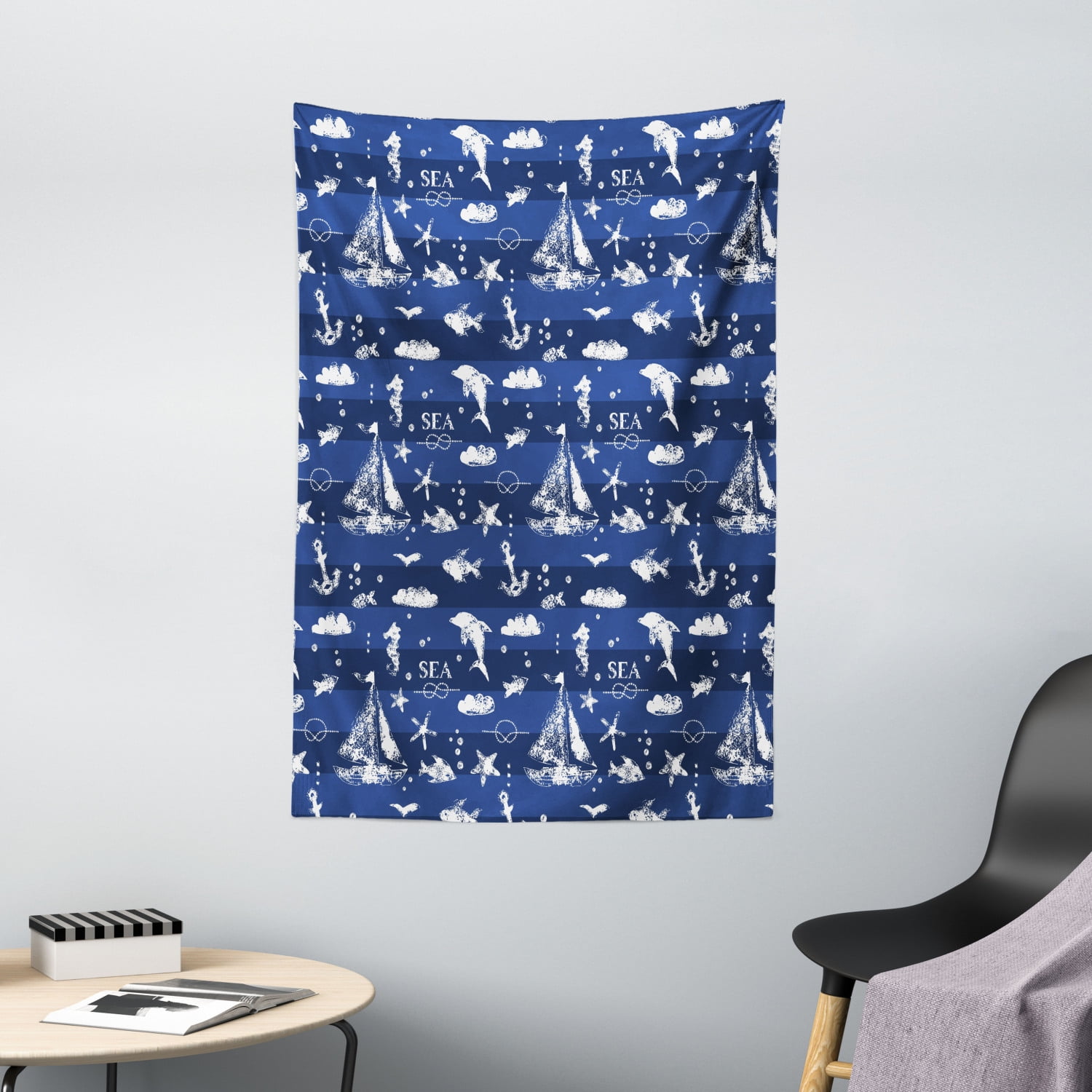 Navy Blue Tapestry, Sailboat Vertical Stripe Pattern Anchor Fishes ...