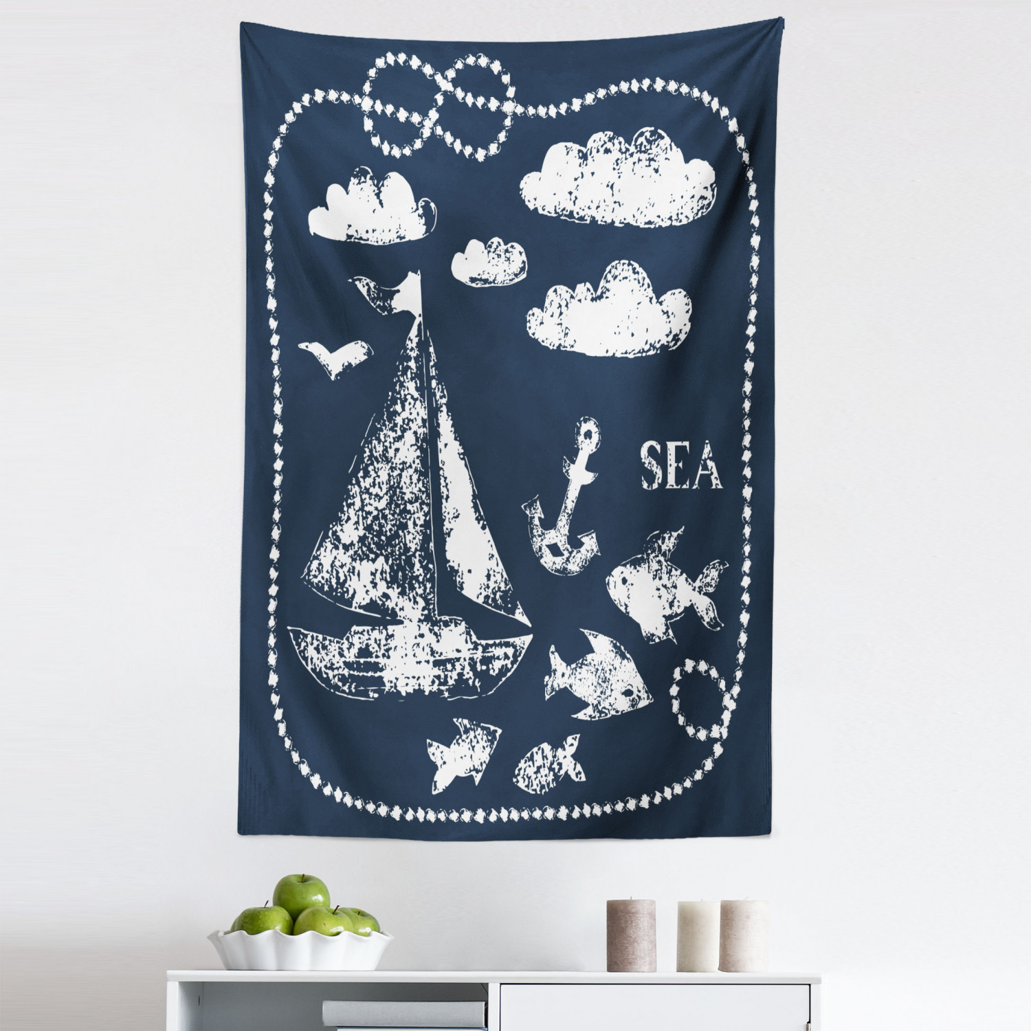 Navy Blue Tapestry, Sea Themed Hand Print Grunge Elements Marine ...