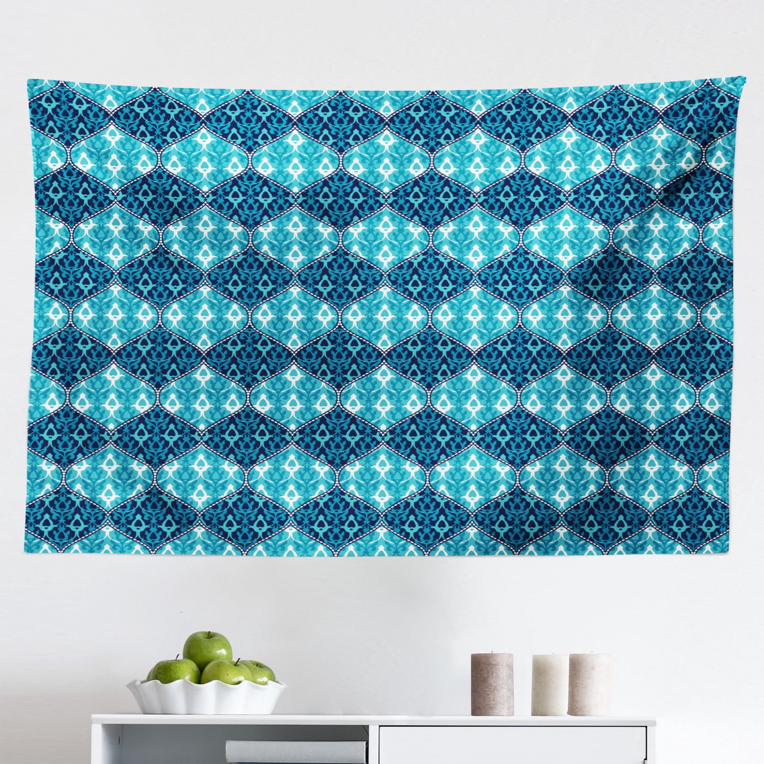 Navy Blue Tapestry, Symmetrical and Asymmetrical Geometric Pattern ...