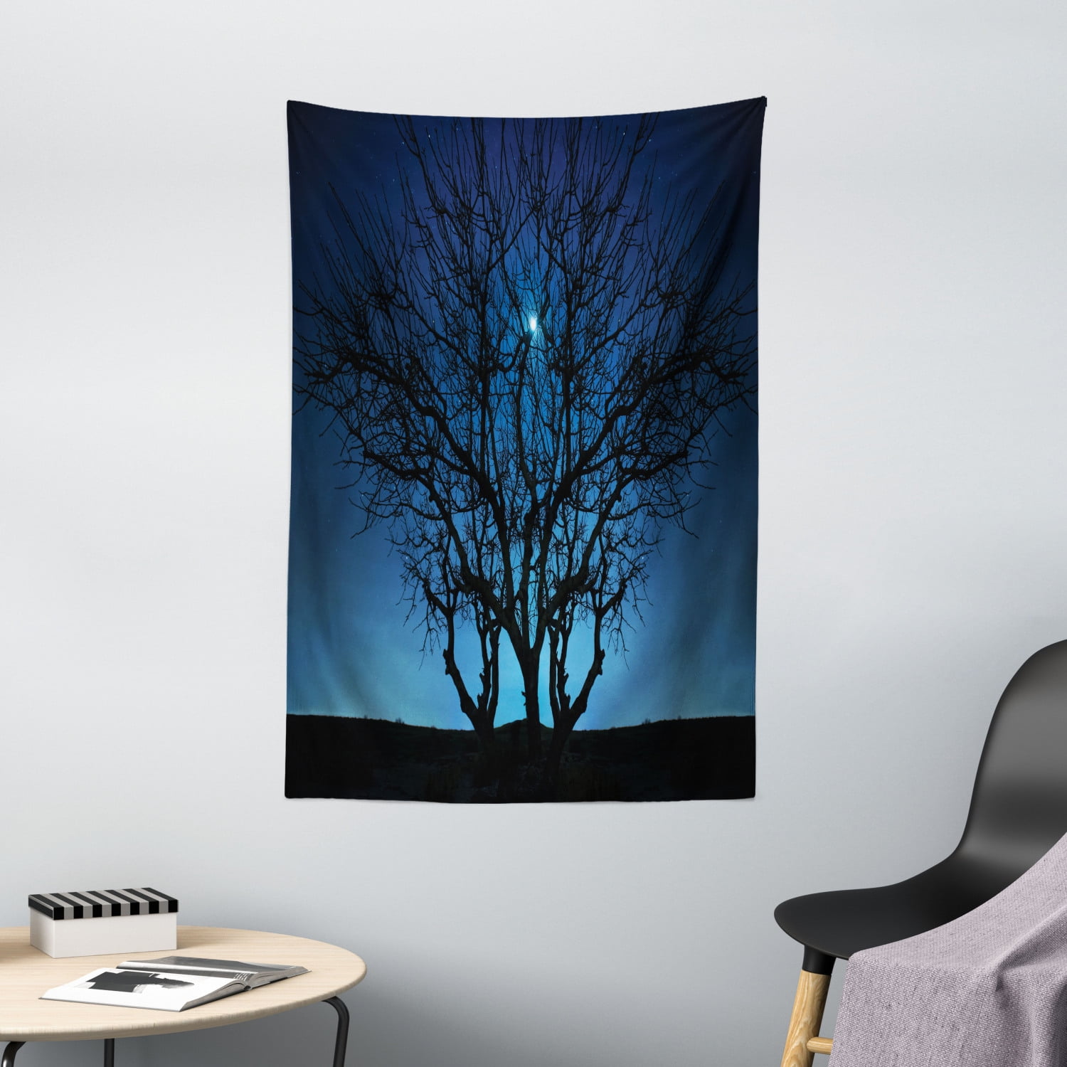 Navy Blue Tapestry Wall Hanging Tree under Clear Night Sky with Moon ...