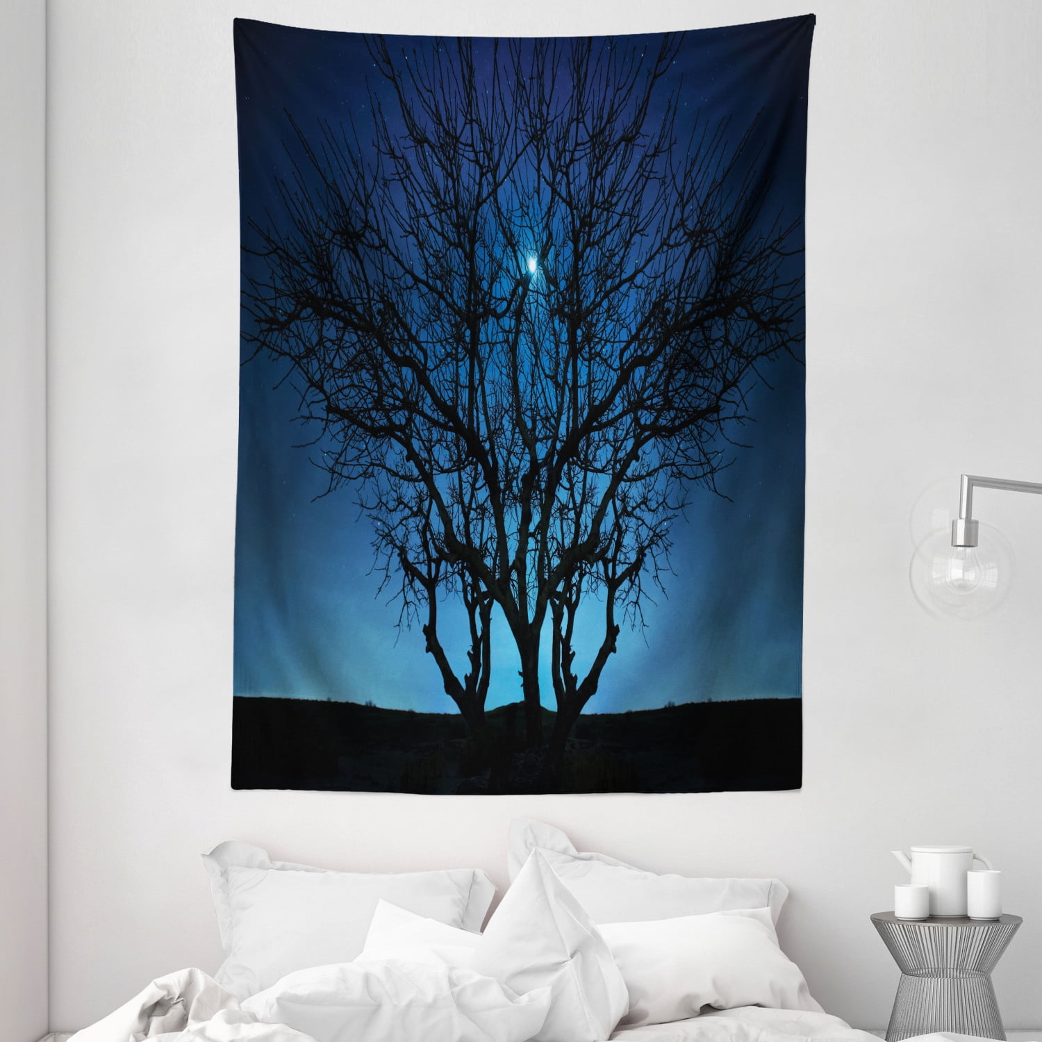 Navy Blue Tapestry Wall Hanging Tree under Clear Night Sky with Moon ...