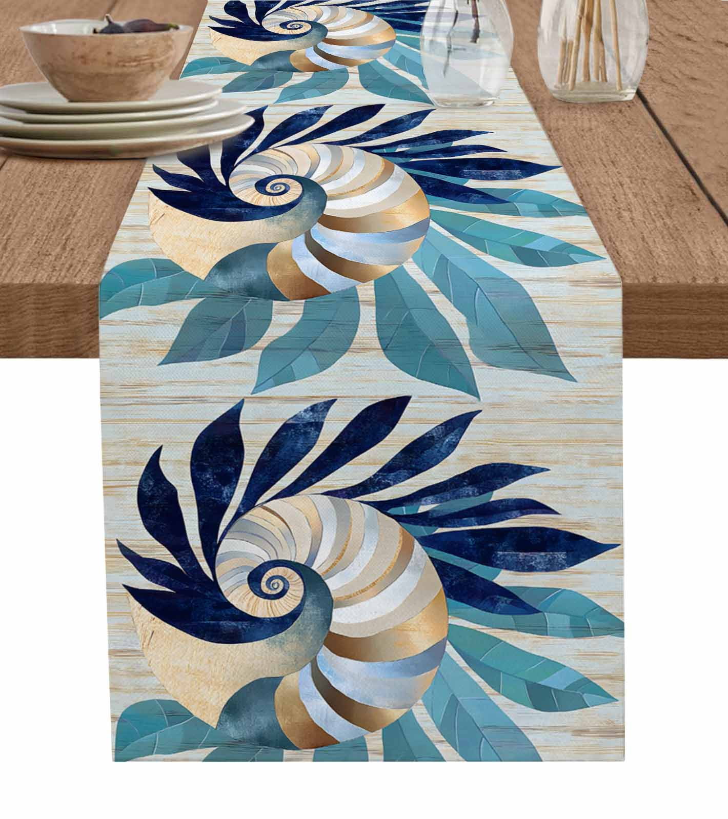 Navy Blue Teal Coastal Table Runner 72 Inches, Abstract Art Nautical ...