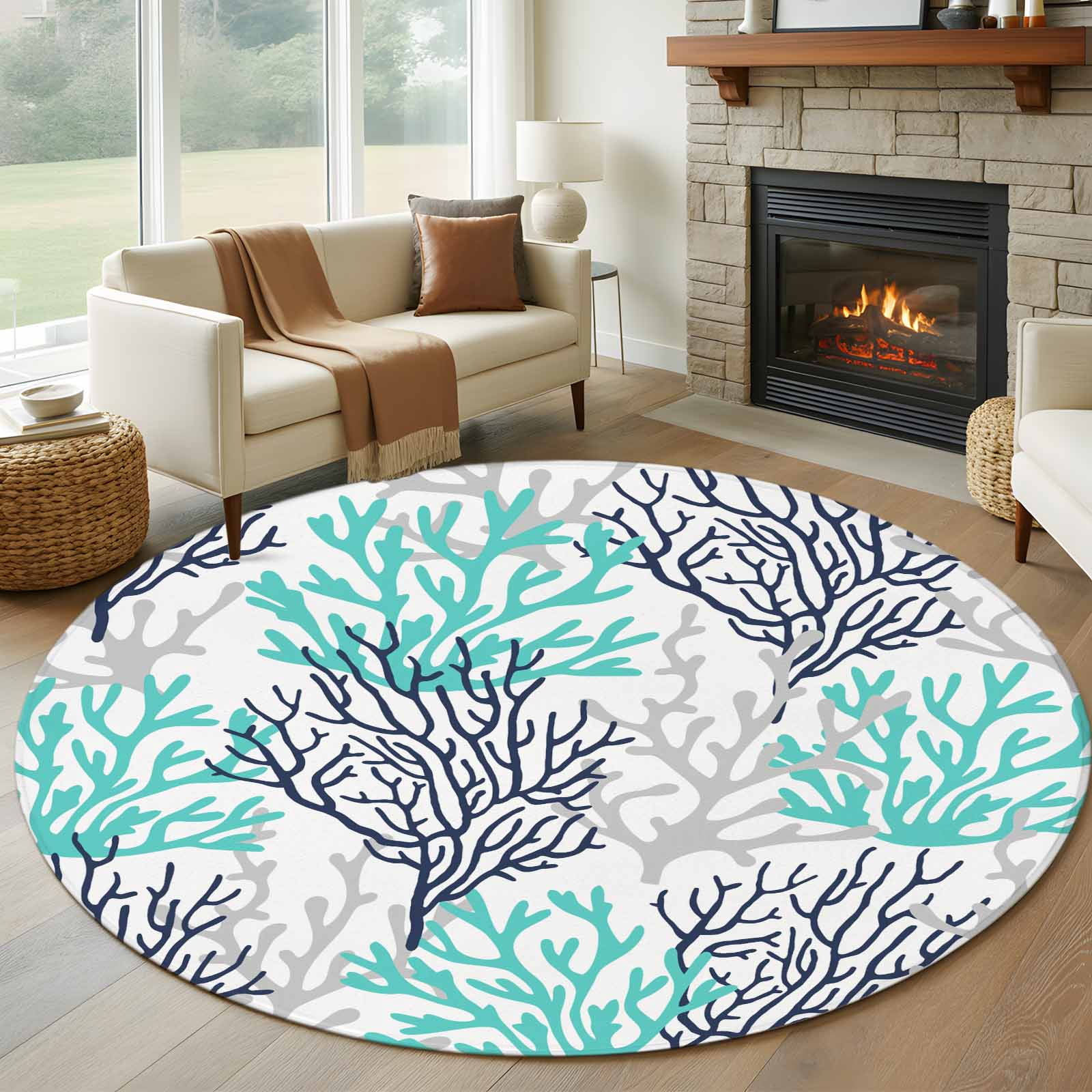 Navy Blue Teal Grey Coral Coastal Round Area Rug 6 FT,Non Slip Bedroom ...