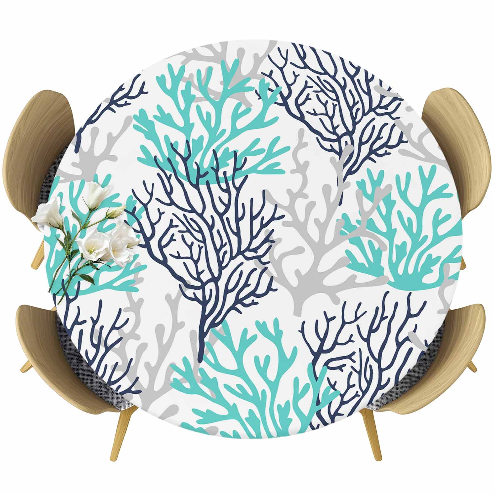 Navy Blue Teal Grey Coral Coastal Round Tablecloth 36-44 Inch Round ...