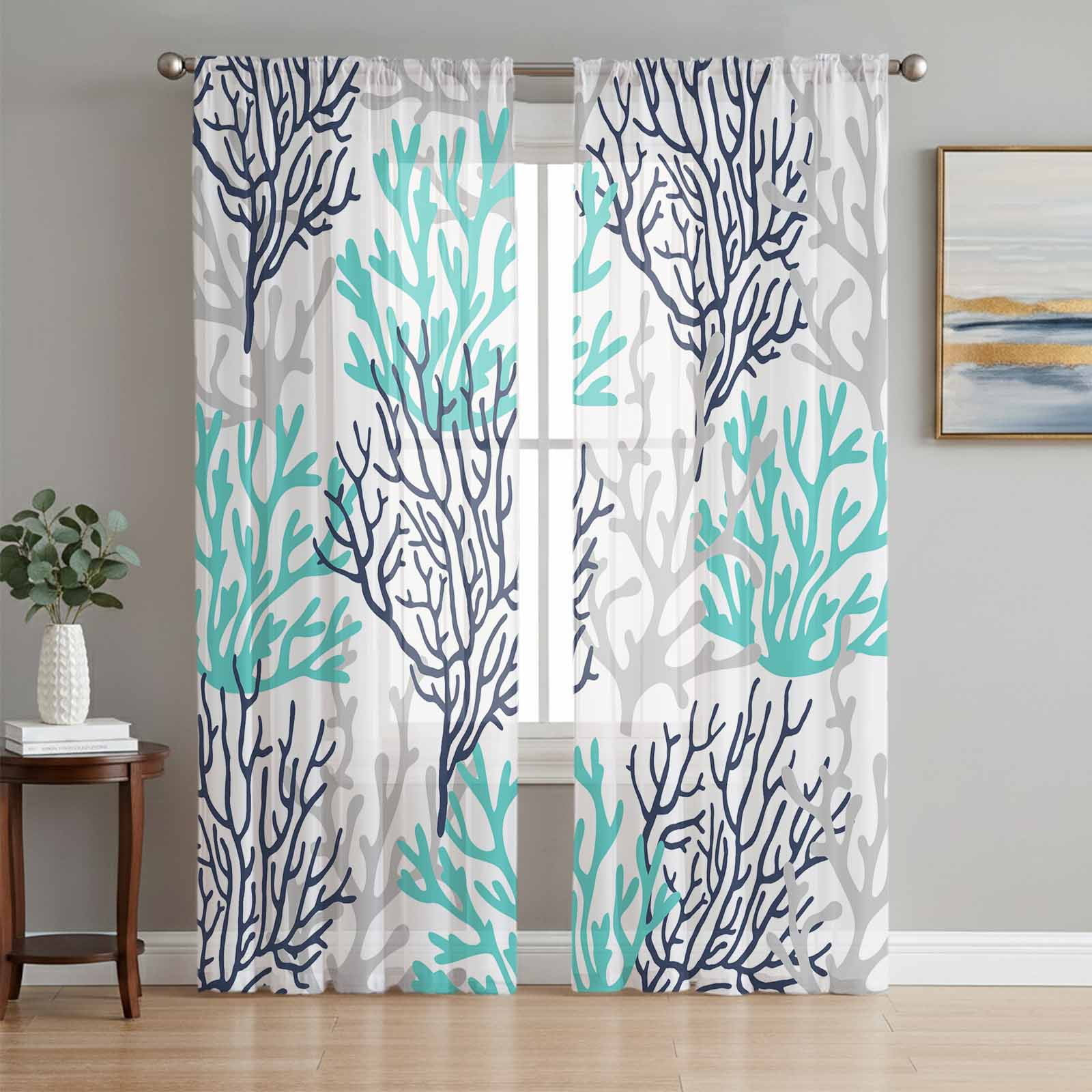 Navy Blue Teal Grey Coral Coastal Semi Sheer Curtains 84 Inch Length 2 ...
