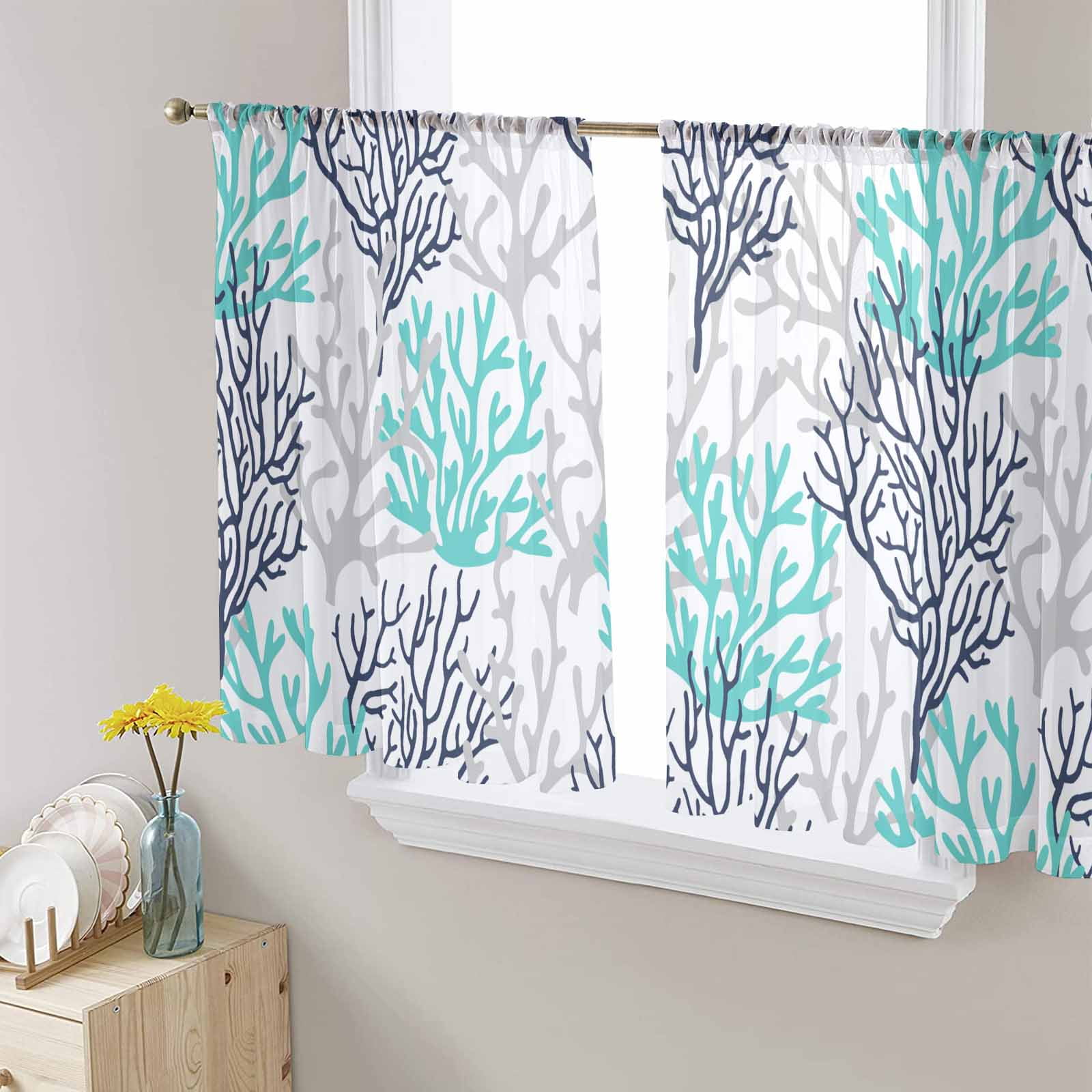 Navy Blue Teal Grey Coral Coastal Sheer Curtains 45 Inch Length 2 ...