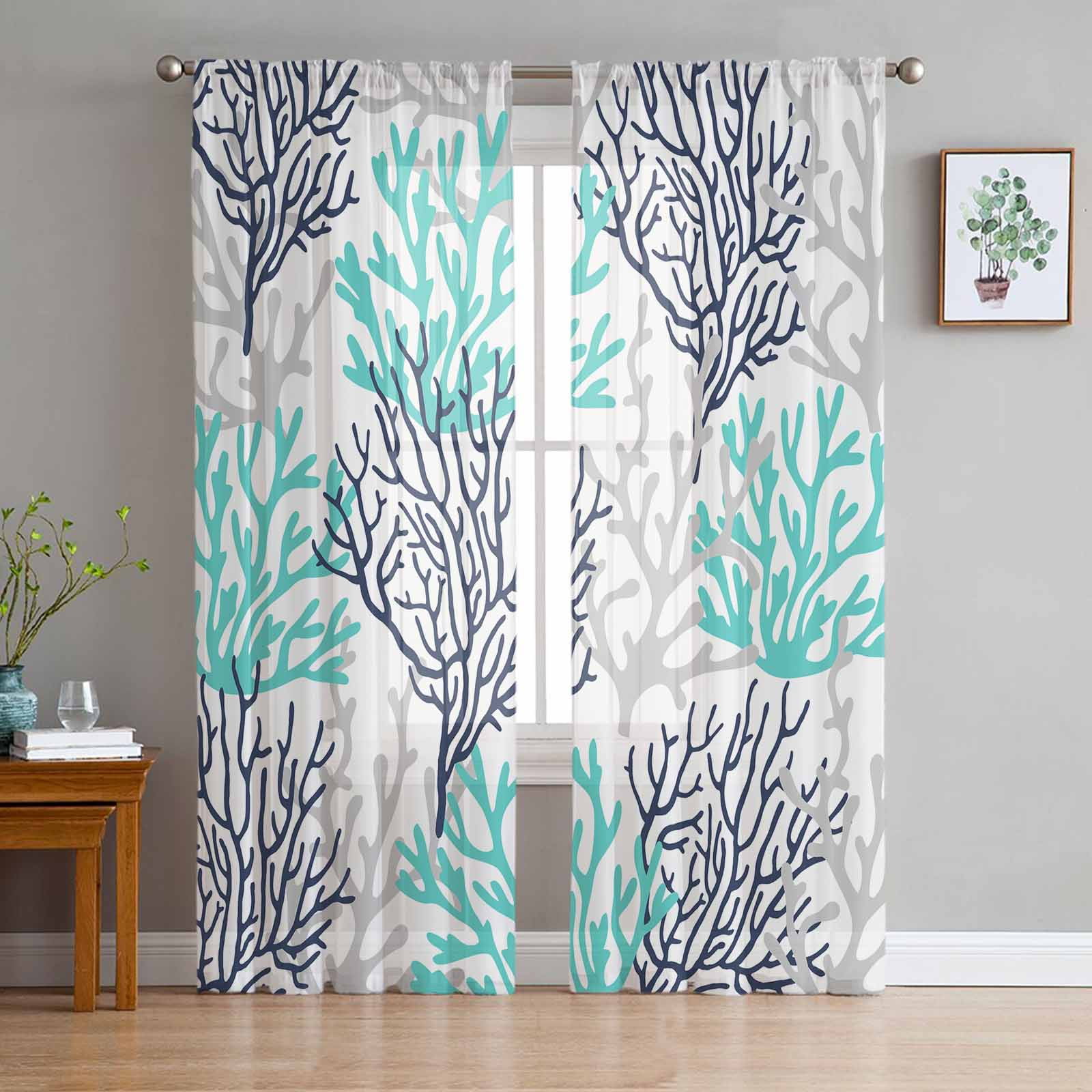 Navy Blue Teal Grey Coral Coastal Sheer Curtains 96 Inches Long 2 ...