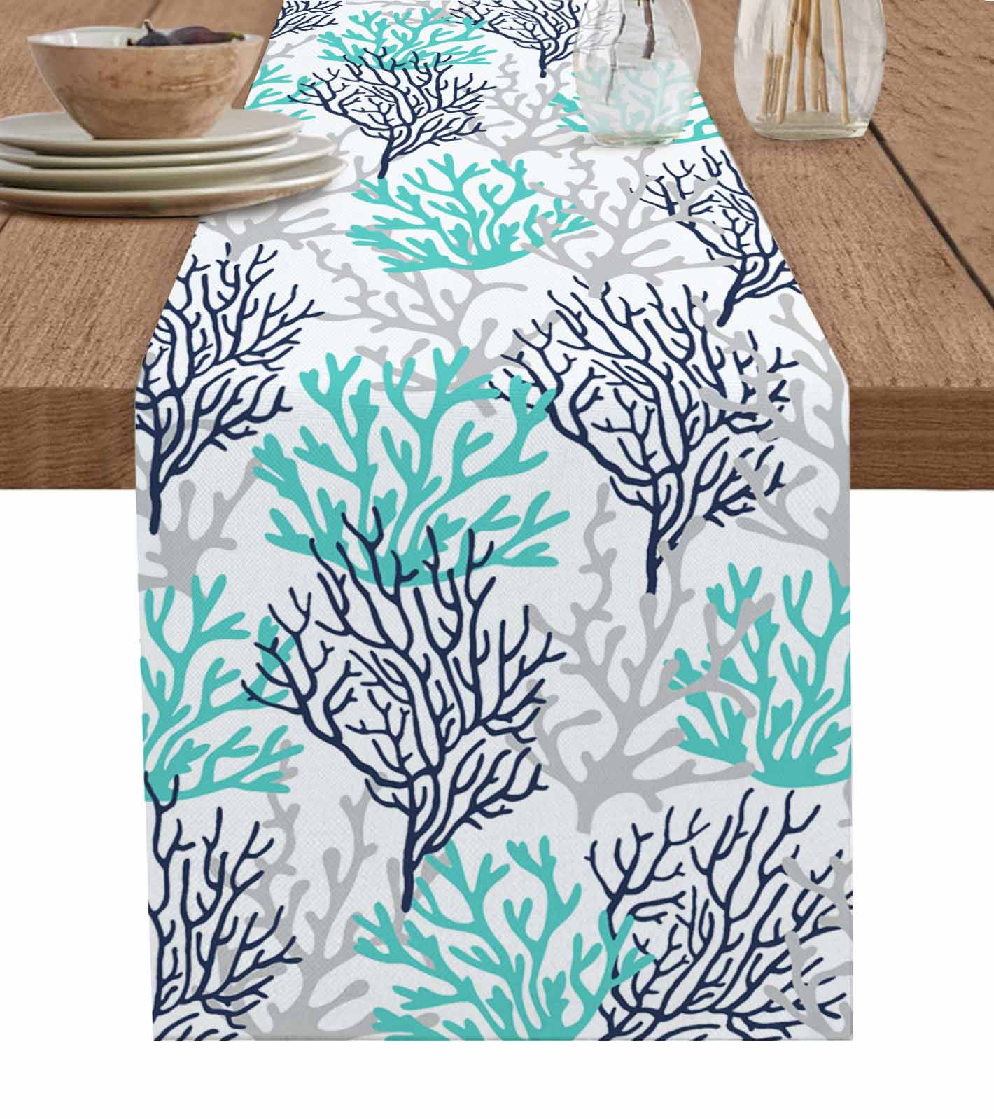 Navy Blue Teal Grey Coral Coastal Table Runner 60 Inch Long Dresser ...