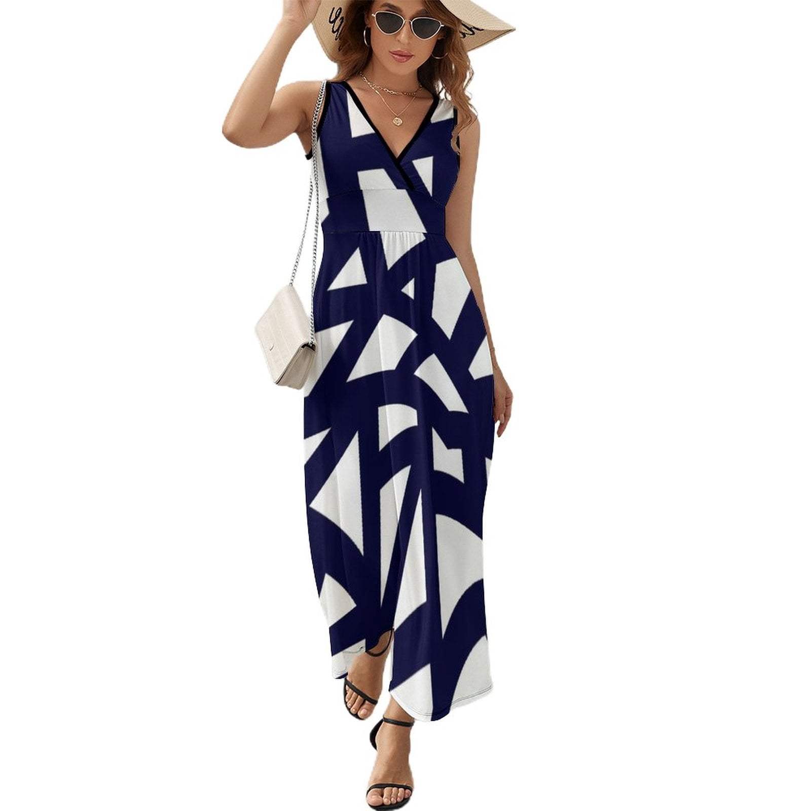 Navy Blue Thick Mosaic Lines On White Sleeveless Dress african dresses ...