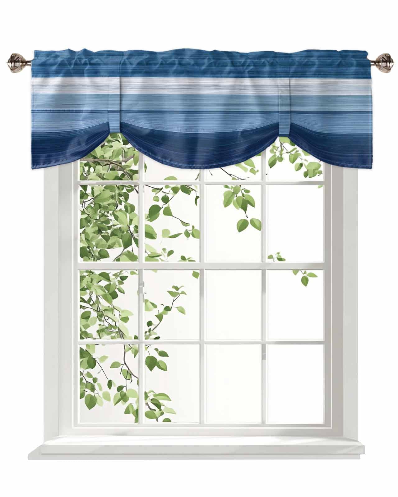 Navy Blue Tie Up Valances Curtain, Adjustable Kitchen Gradient Stripe ...