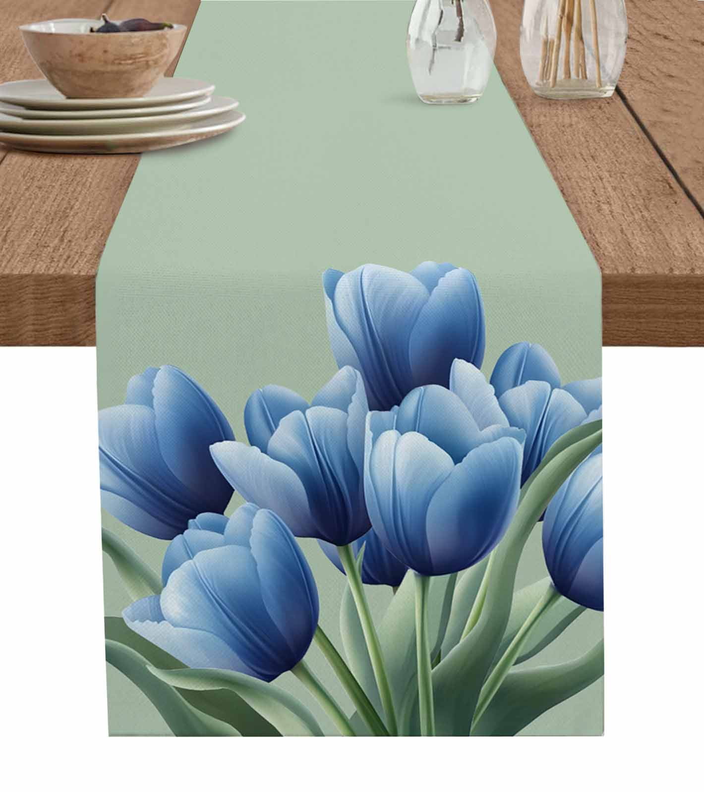 Navy Blue Tulip Table Runner 72 Inches, Chic Elegant Flowers Botanical ...
