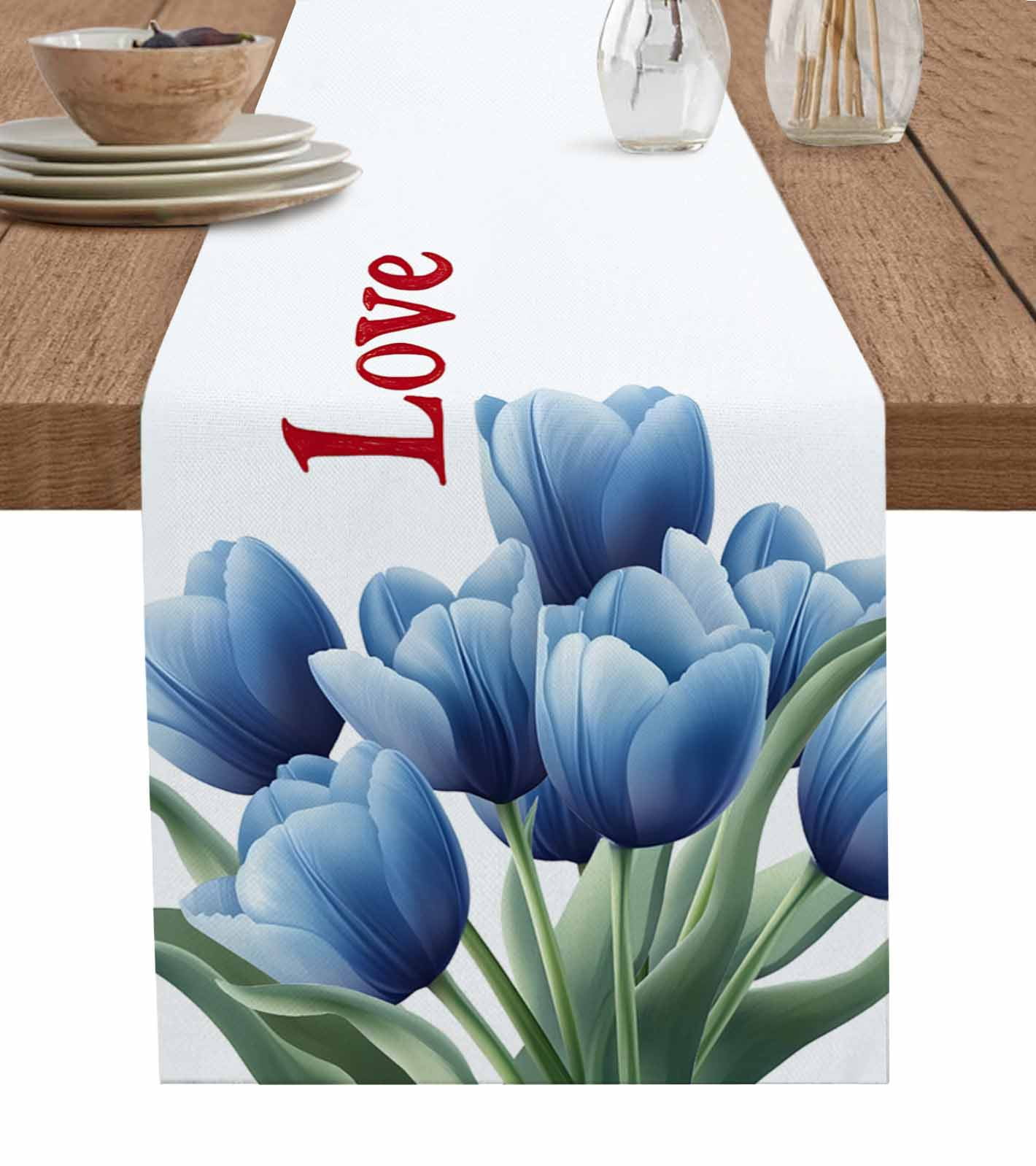 Navy Blue Tulip Table Runner 72 Inches, Luxury Farmhouse Botanical ...
