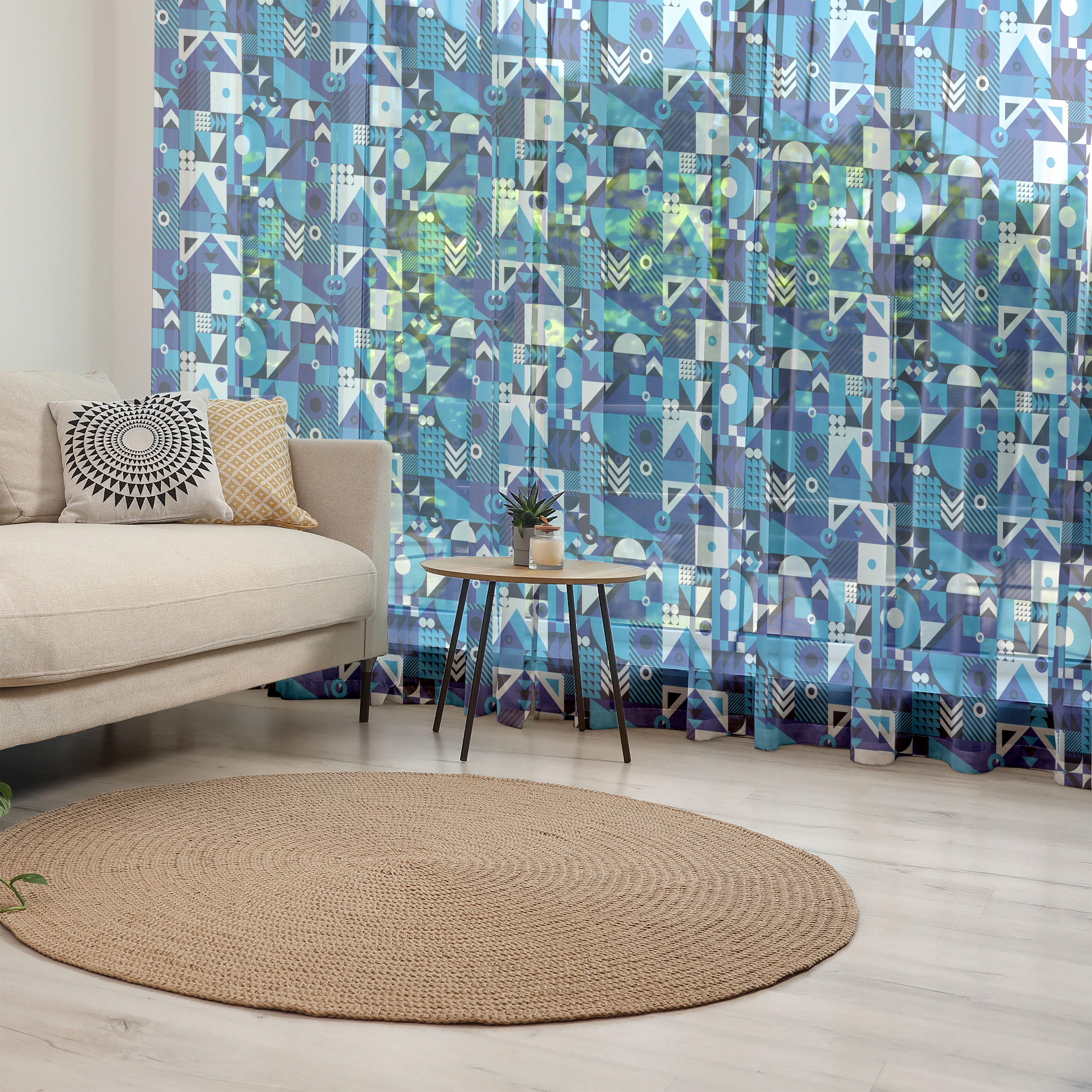 Navy Blue Tulle Curtains with Rod Pocket, Contemporary Geometric Mosaic ...