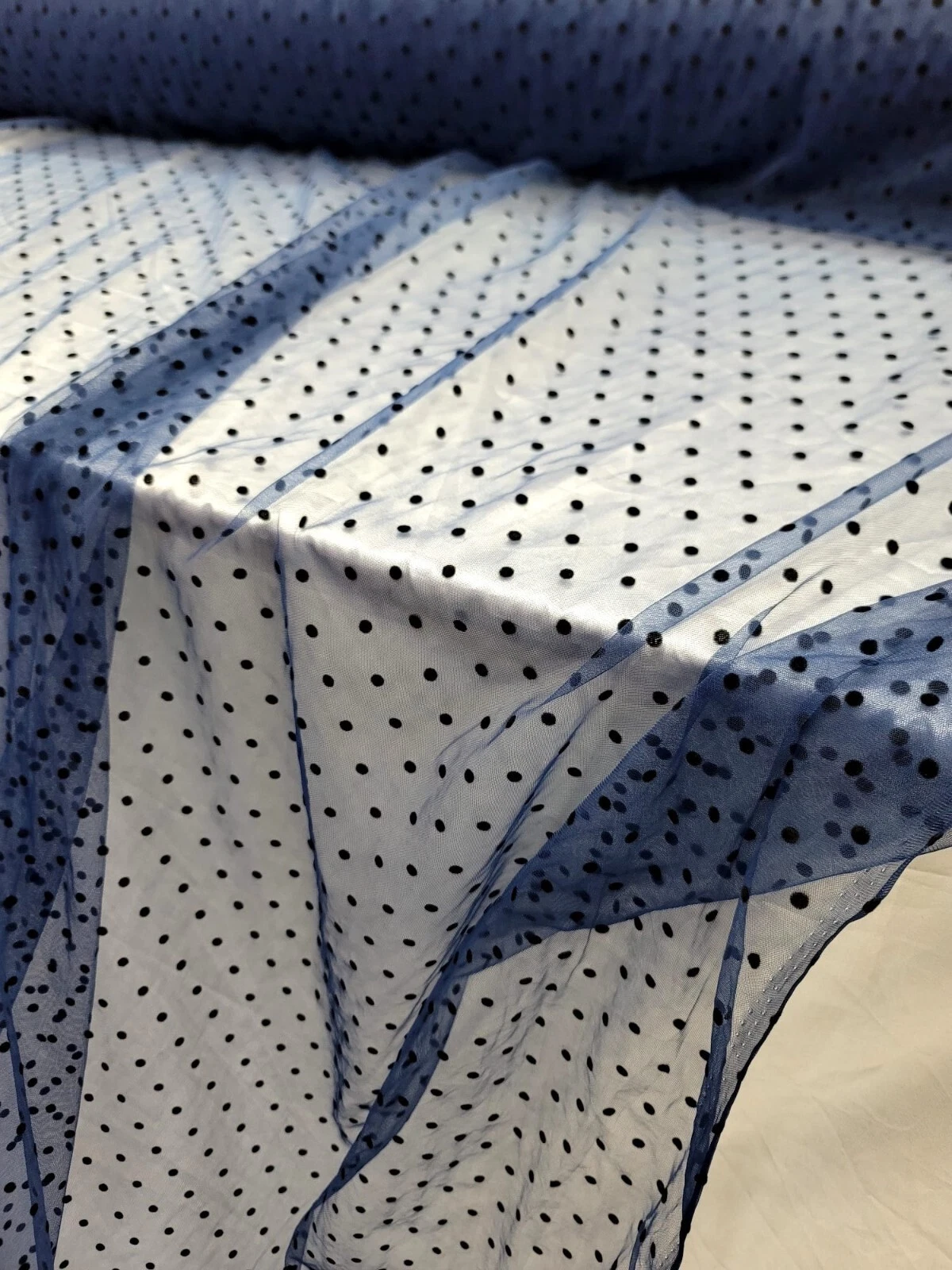 Navy Blue Tulle Mesh Fabric Sold By The Yard Black Velvet Polka-Dot For ...